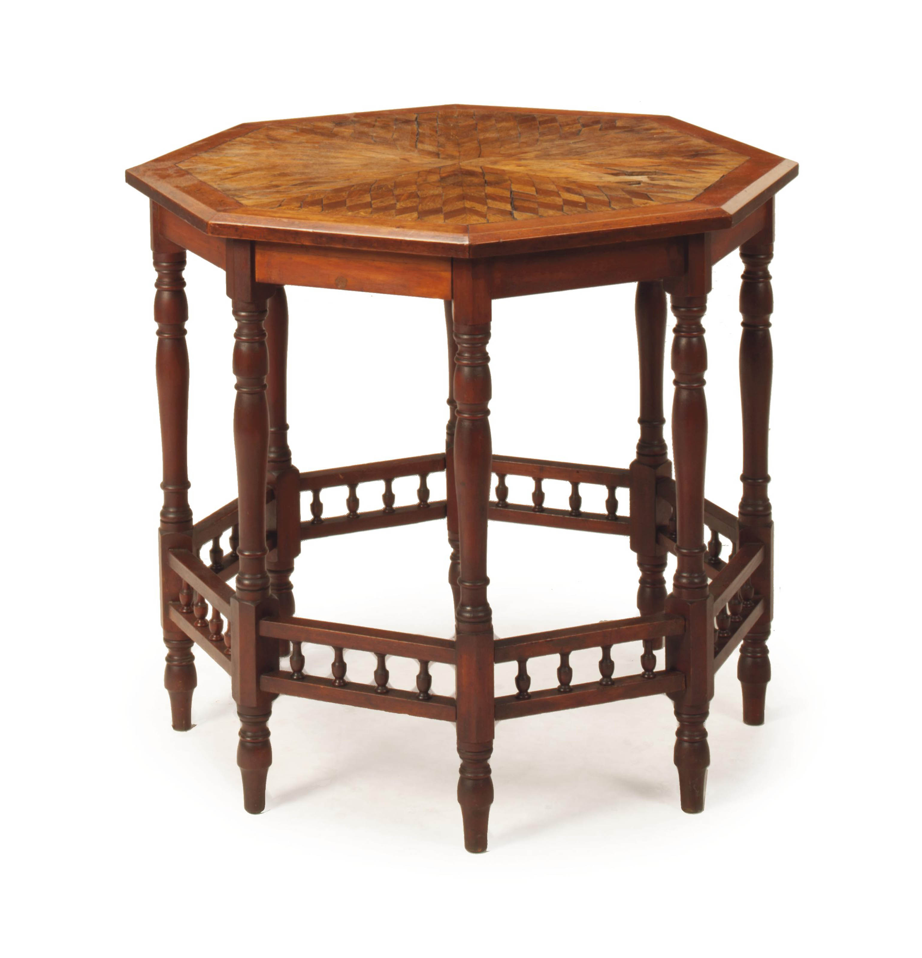 AN ENGLISH MAHOGANY AND OAK PARQUETRY OCTAGONAL CENTER TABLE,