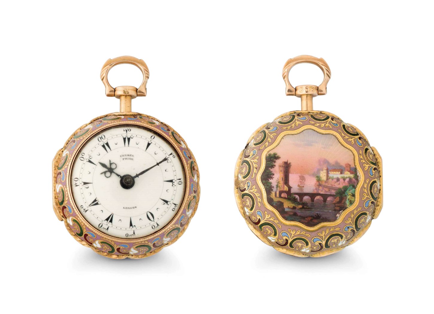George Prior. A Fine 18k Gold and Enamel Openface Pair-Case Verge Watch ...