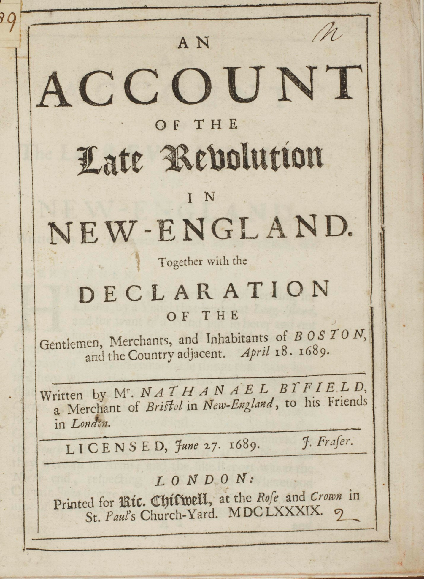 BYFIELD, Nathaniel (1653-1733) and Increase MATHER (1639-1723). An ...