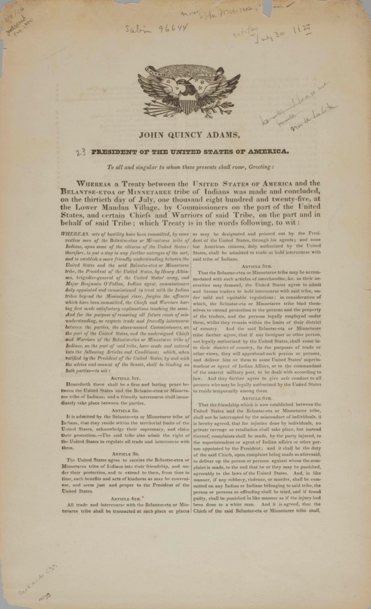 [INDIAN TREATY]. -- ADAMS, John Quincy (1767-1848). Treaty between the ...