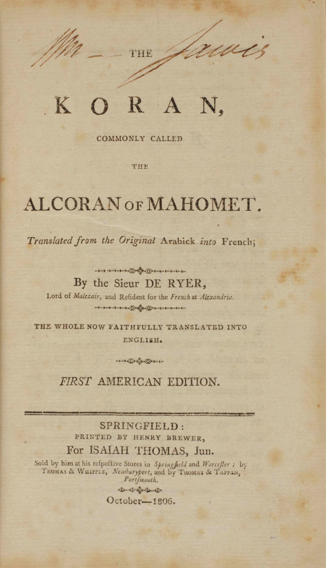 KORAN. The Koran, Commonly Called the Alcoran of Mahomet. Springfield ...