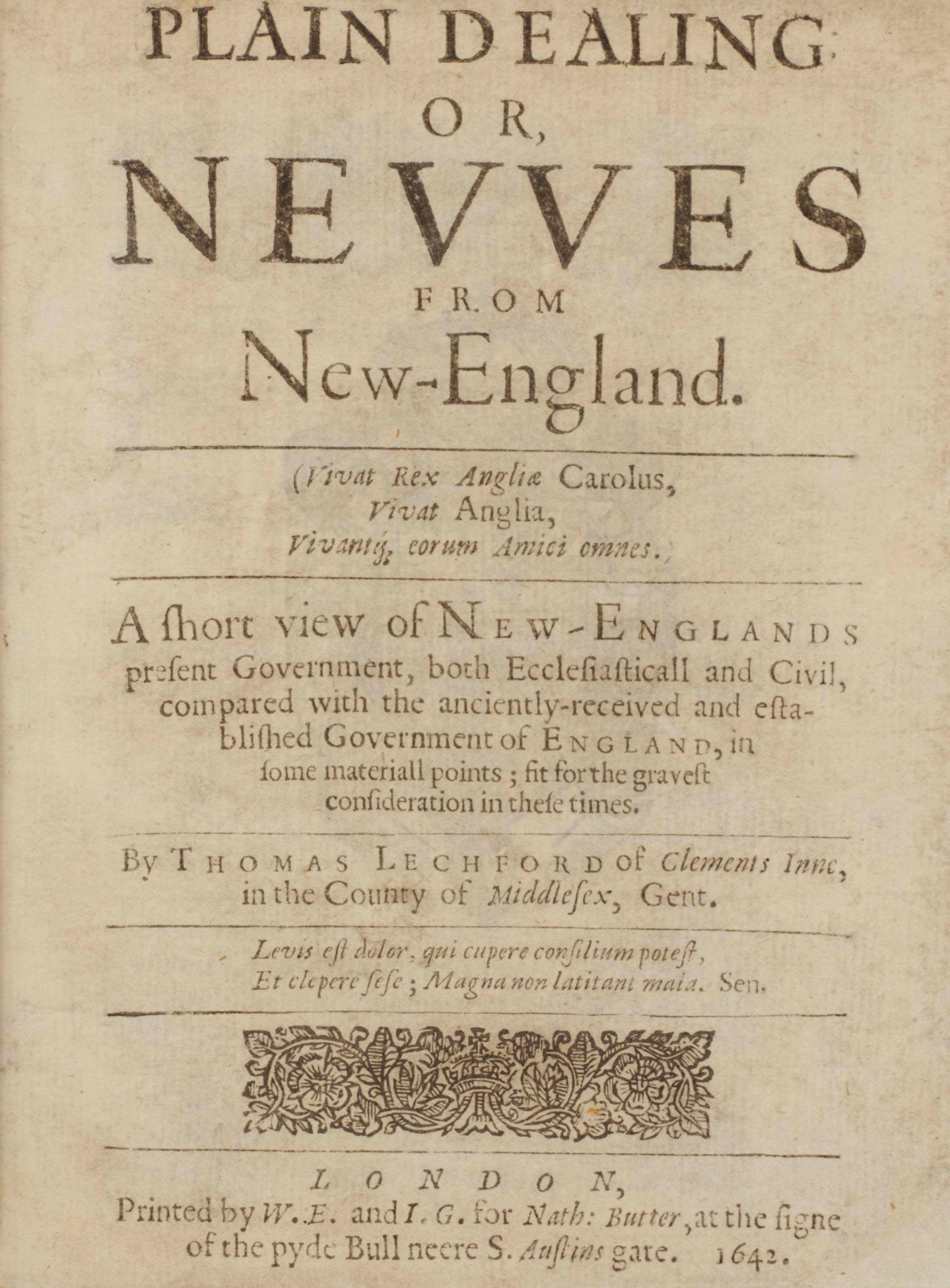 LECHFORD, Thomas (ca 1590-1644?). Plain Dealing: or, Newes from New ...