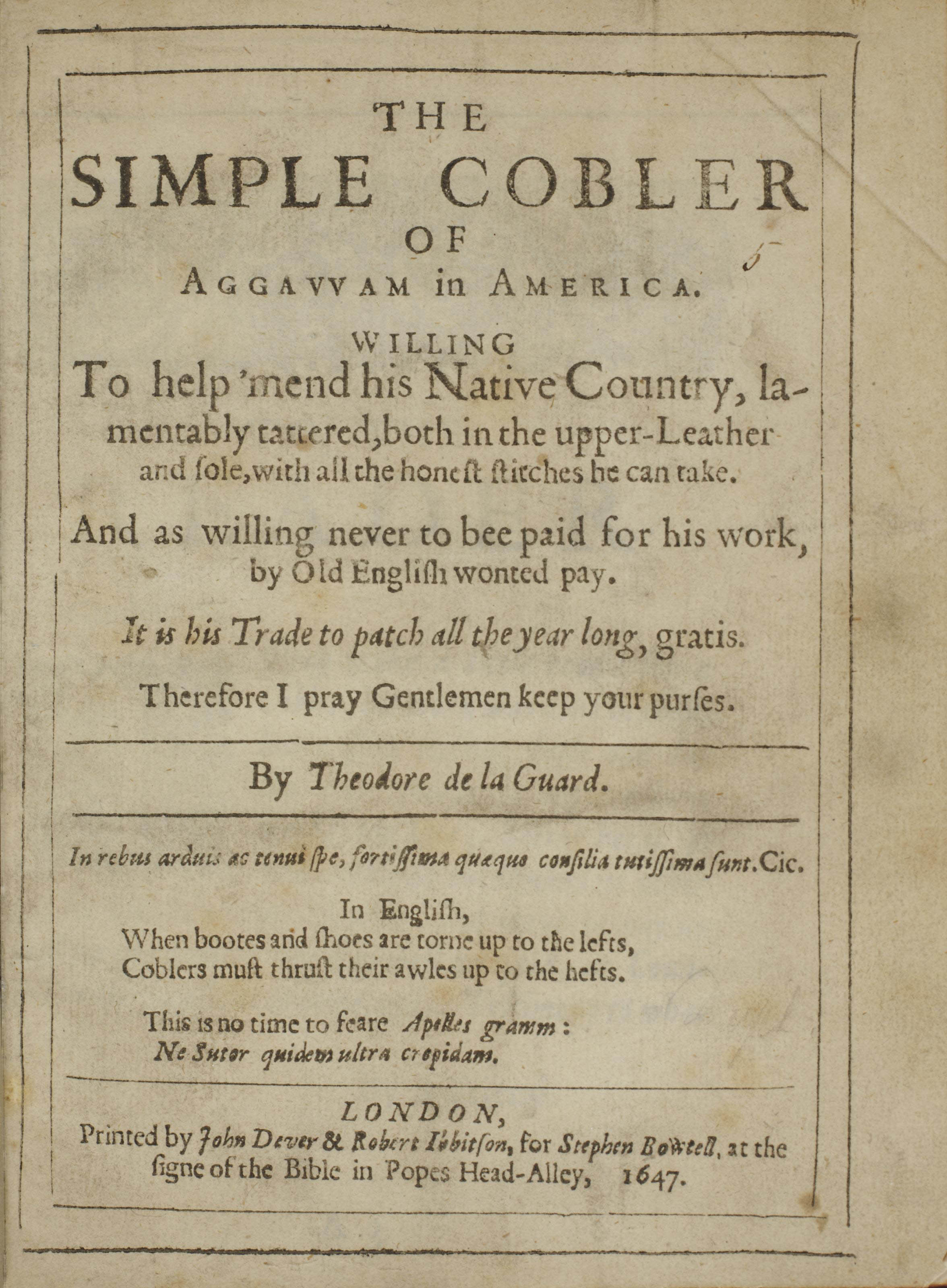 [WARD, Nathaniel (1578?-1652)]. The Simple Cobler of Aggawam in America ...