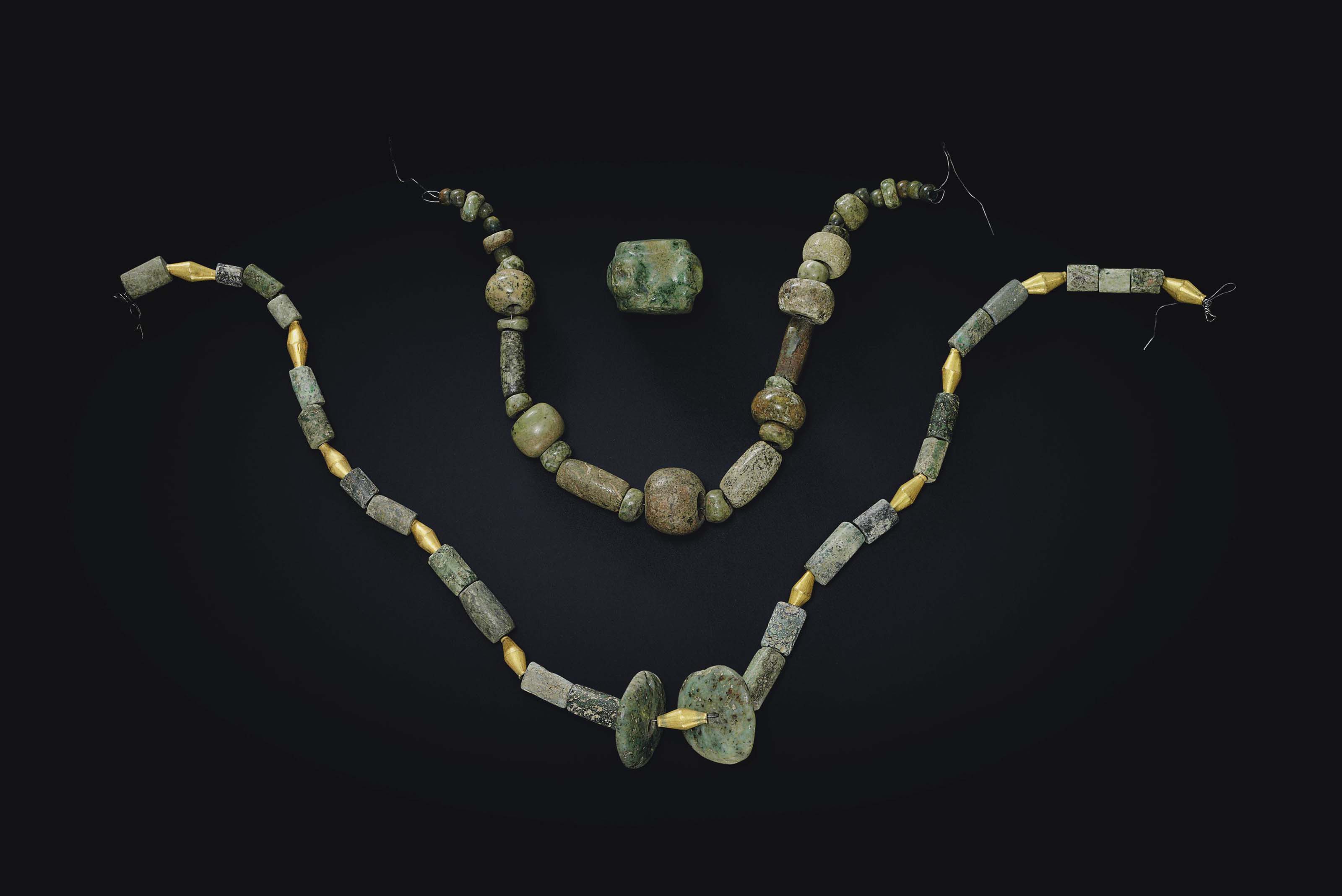 TWO BEAD NECKLACES AND A BEAD , NORTHEASTERN INDIA, NAGALAND, ANGAMI ...