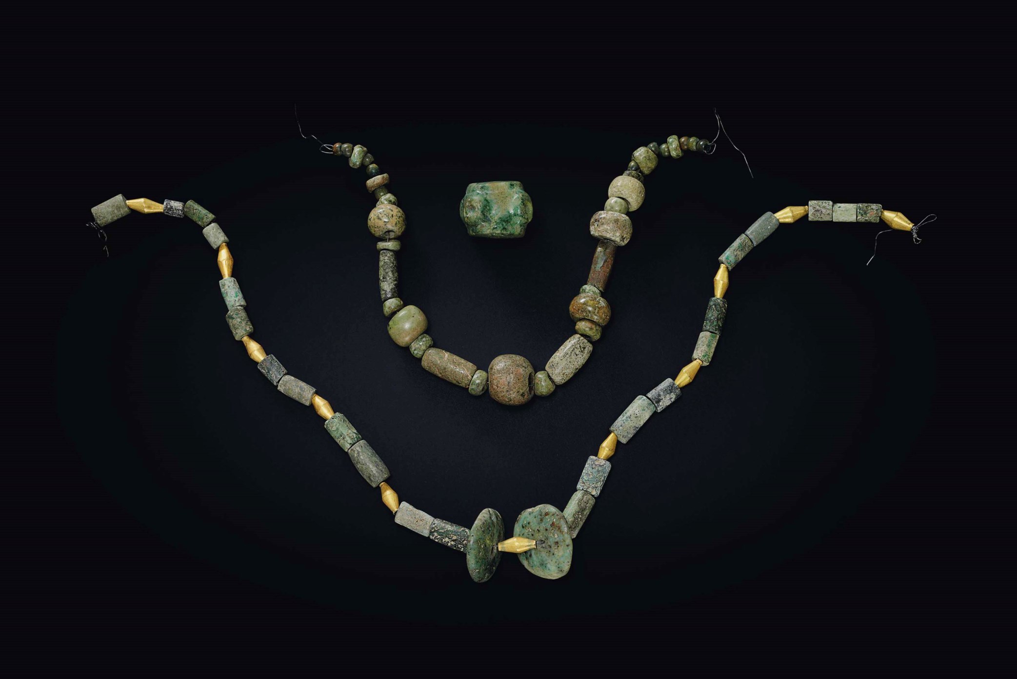 TWO BEAD NECKLACES AND A BEAD , NORTHEASTERN INDIA, NAGALAND, ANGAMI ...