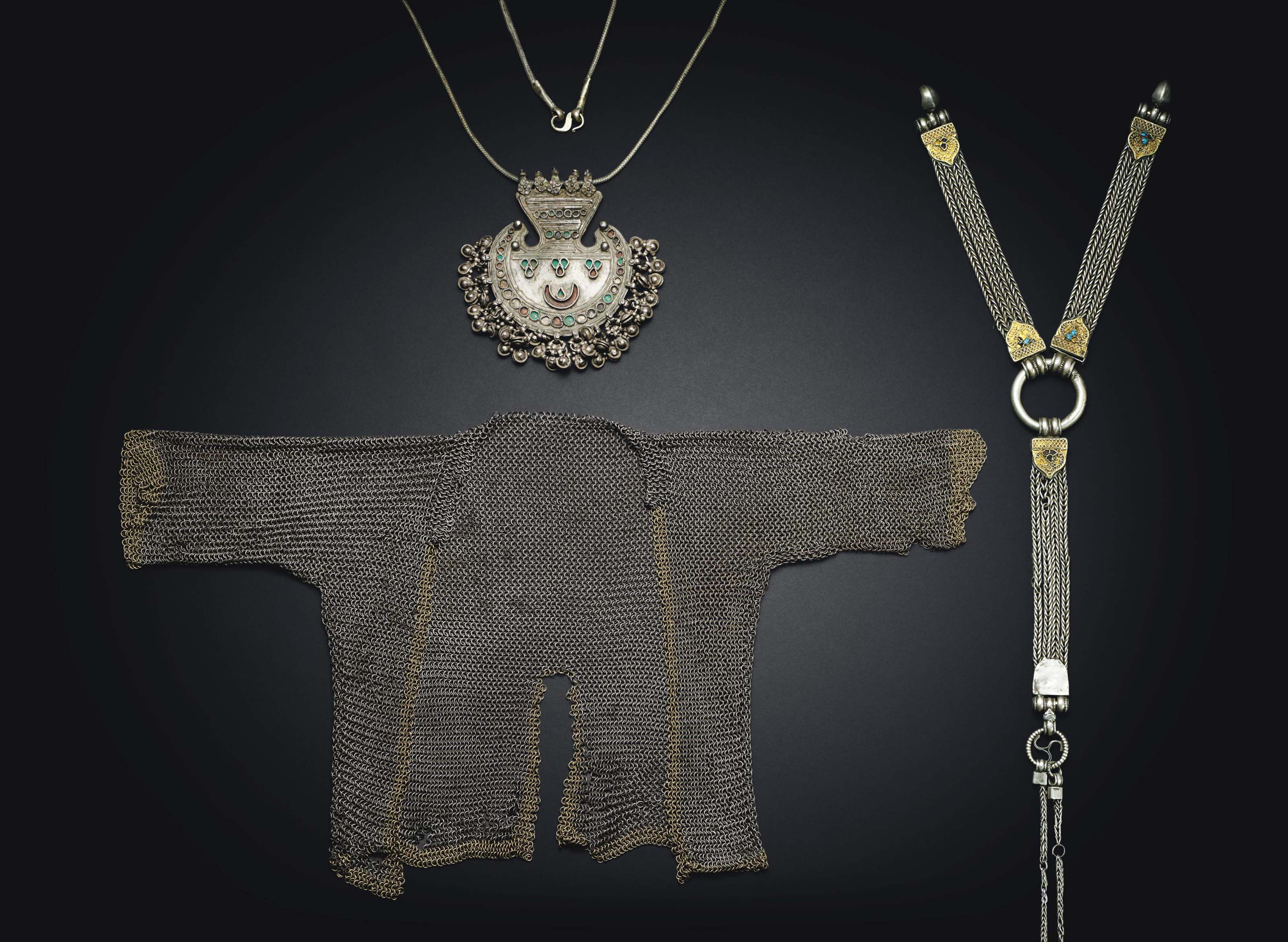 Two ceremonial glass-bead necklaces and three conch-shell ear covers ...