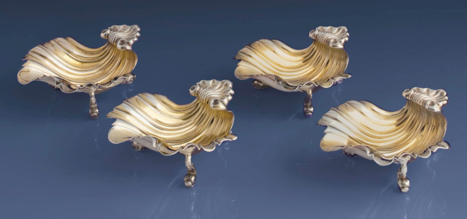 A SET OF FOUR REGENCY SILVER SHELL DISHES , MARK OF JOHN WATSON ...