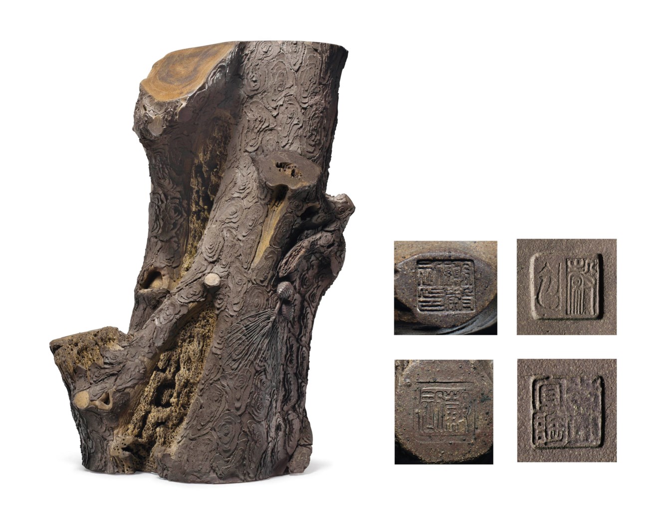 A VERY RARE SIGNED LARGE YIXING TREE TRUNK-FORM SCROLL POT , SIGNED XIE ...