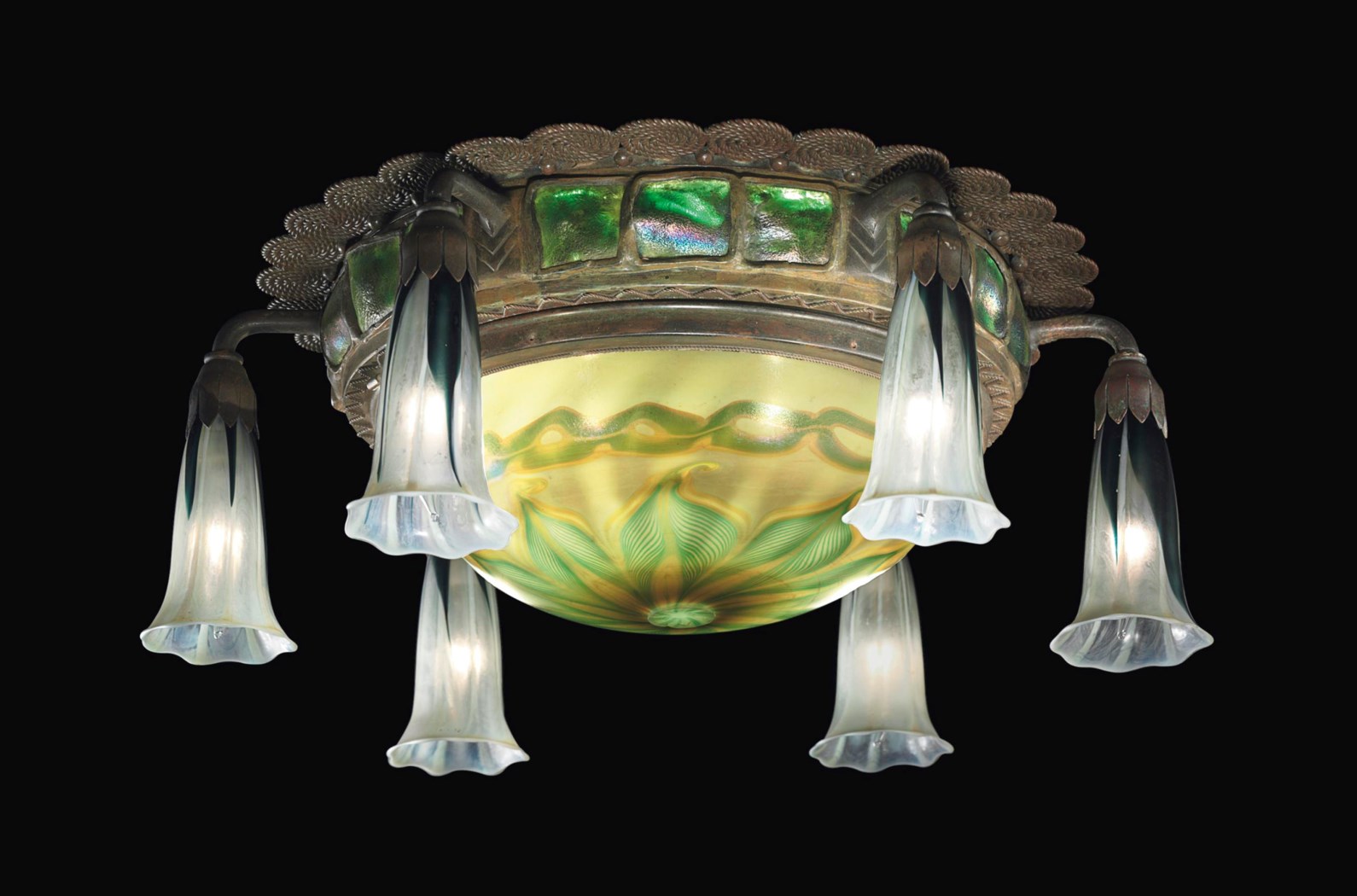 TIFFANY STUDIOS , A SIX-LIGHT 'LILY' AND 'TURTLEBACK TILE' CEILING ...