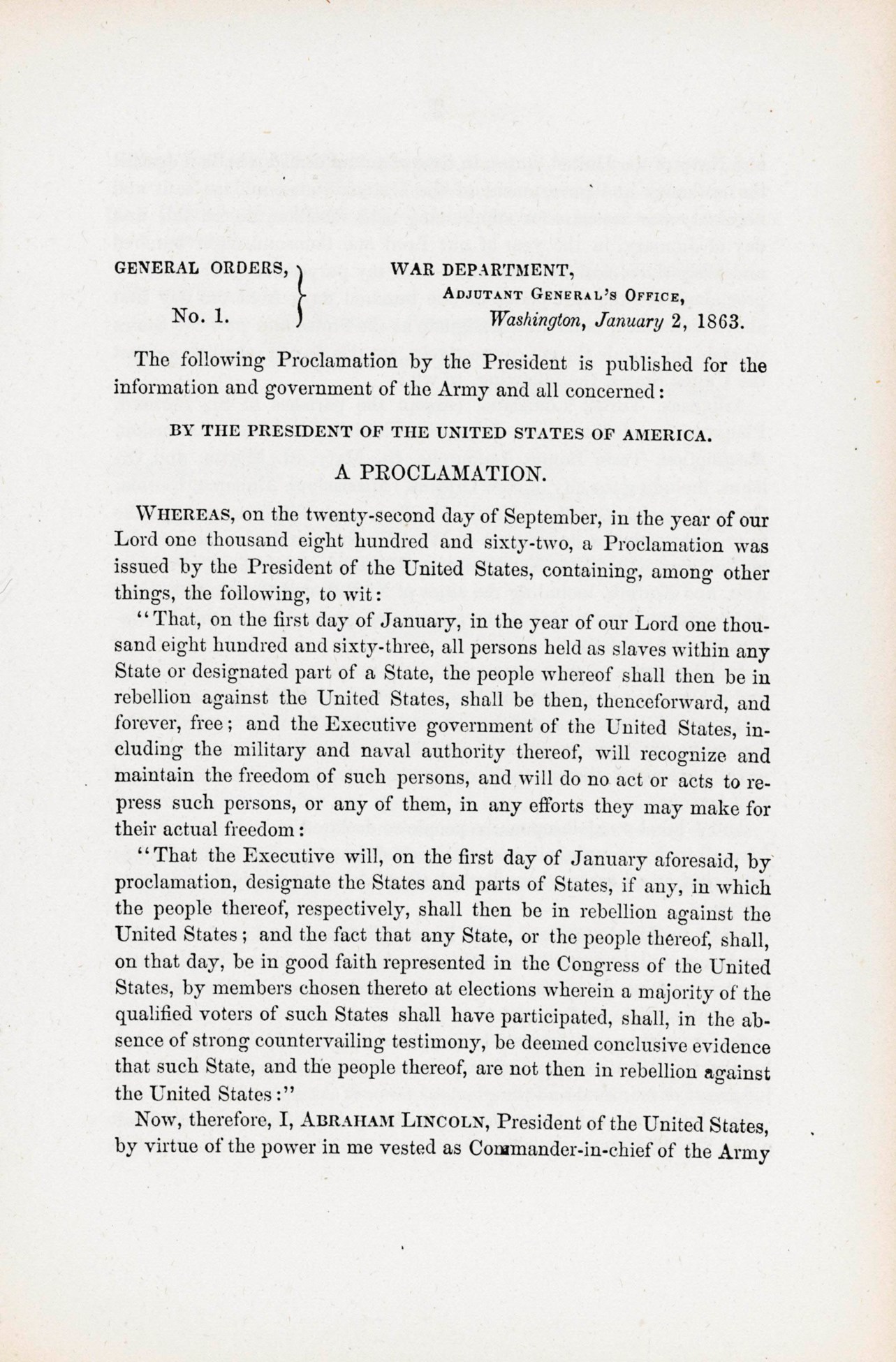 LINCOLN, Abraham. Emancipation Proclamation. General Orders, No. 1. War ...