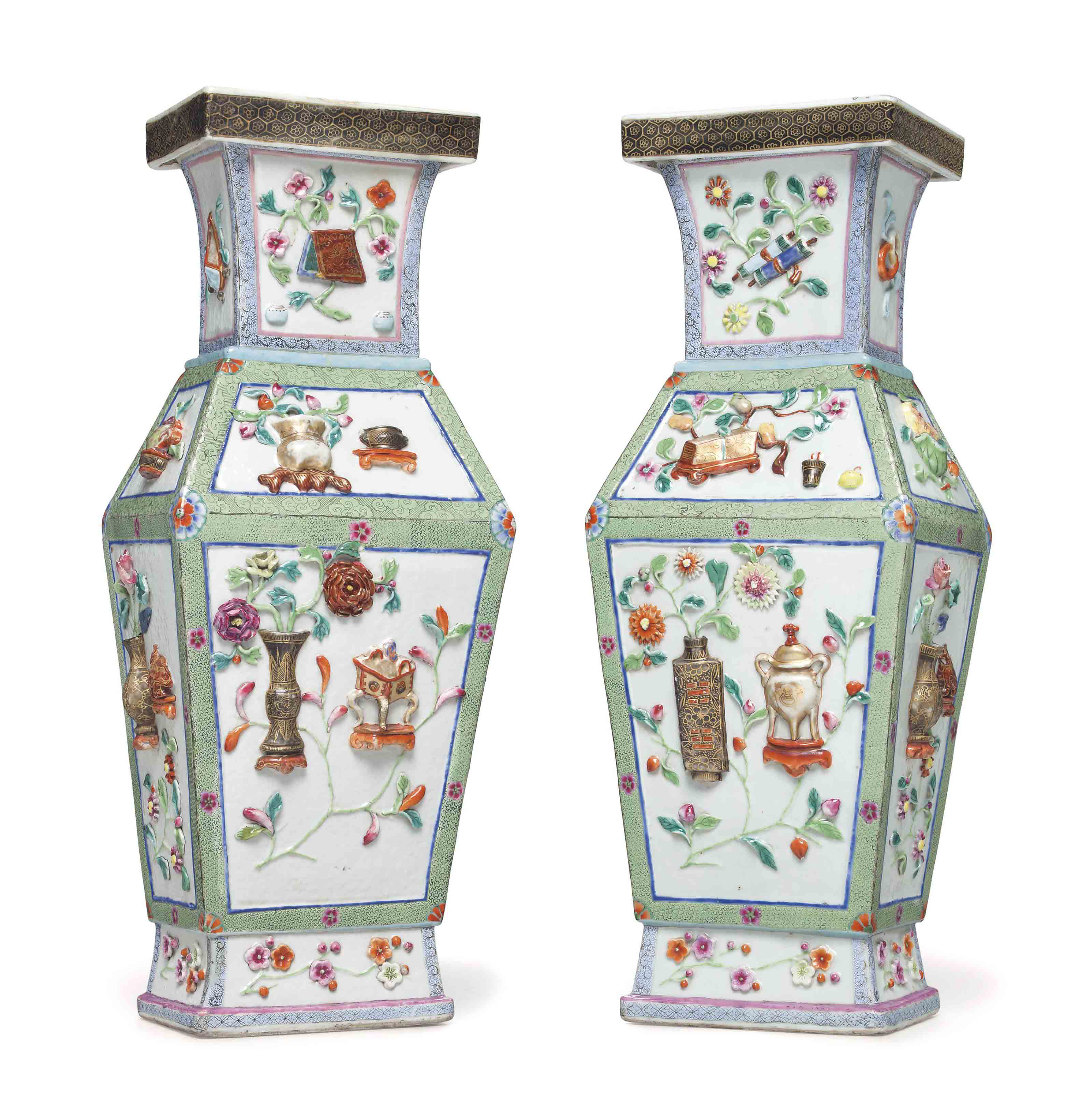 A Large Pair Of Chinese Relief Molded Famille Rose Vases Early