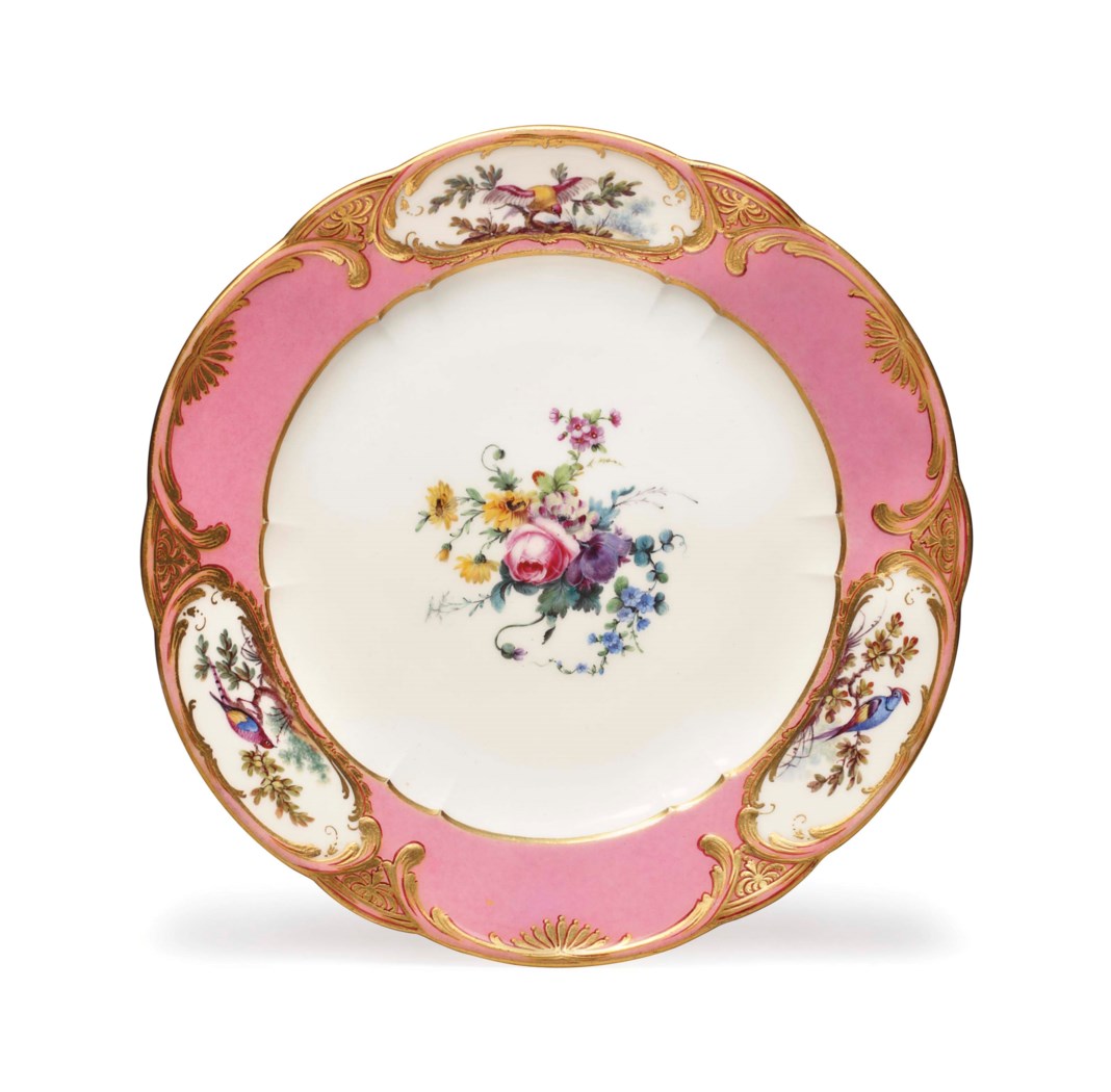 A SEVRES PORCELAIN PINK-GROUND PLATE (ASSIETTE 'A PALMES') , BLUE ...