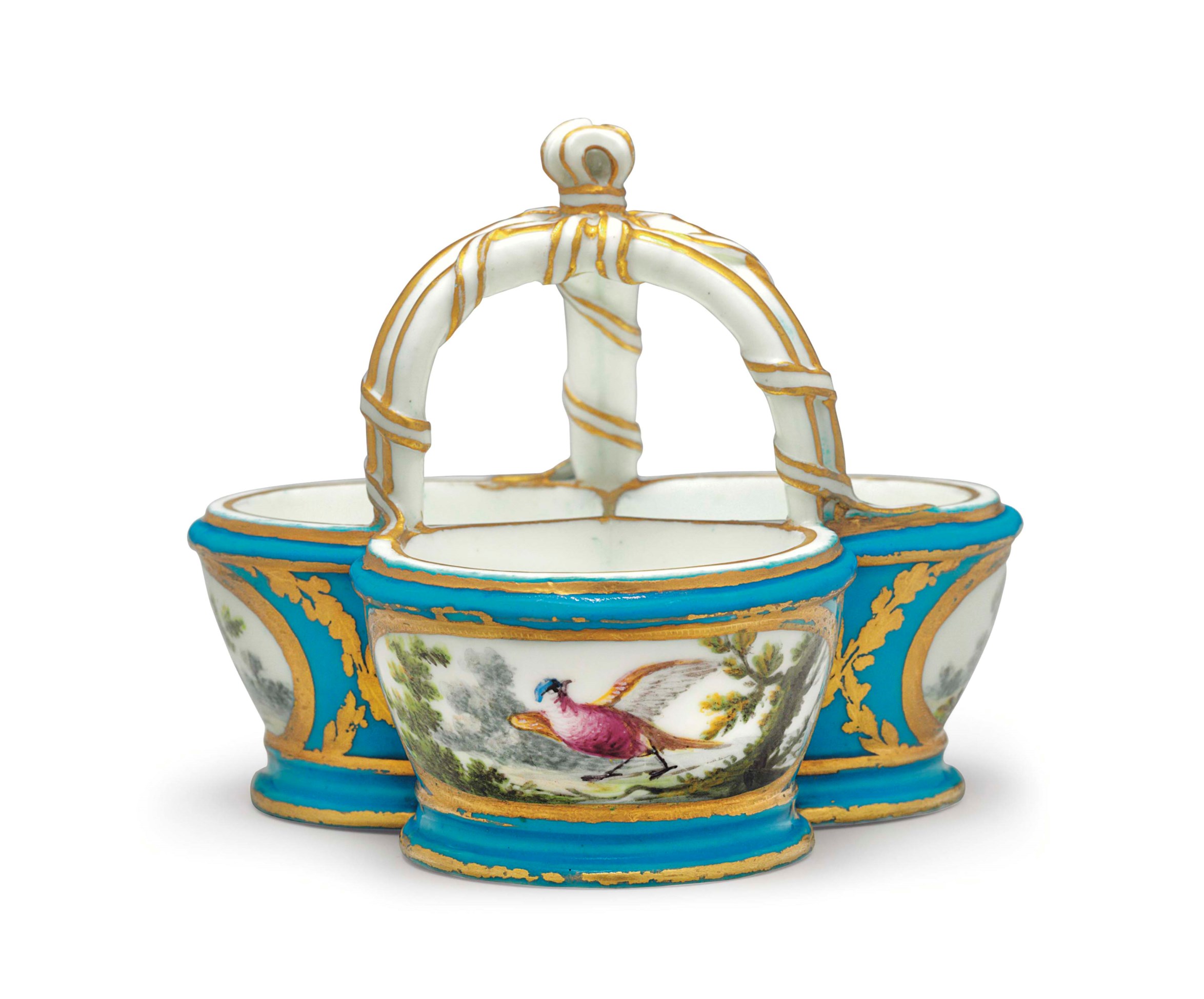 A SEVRES PORCELAIN, BLEU CELESTE TRIPLE SALT CELLAR (SALIERE A TROIS ...