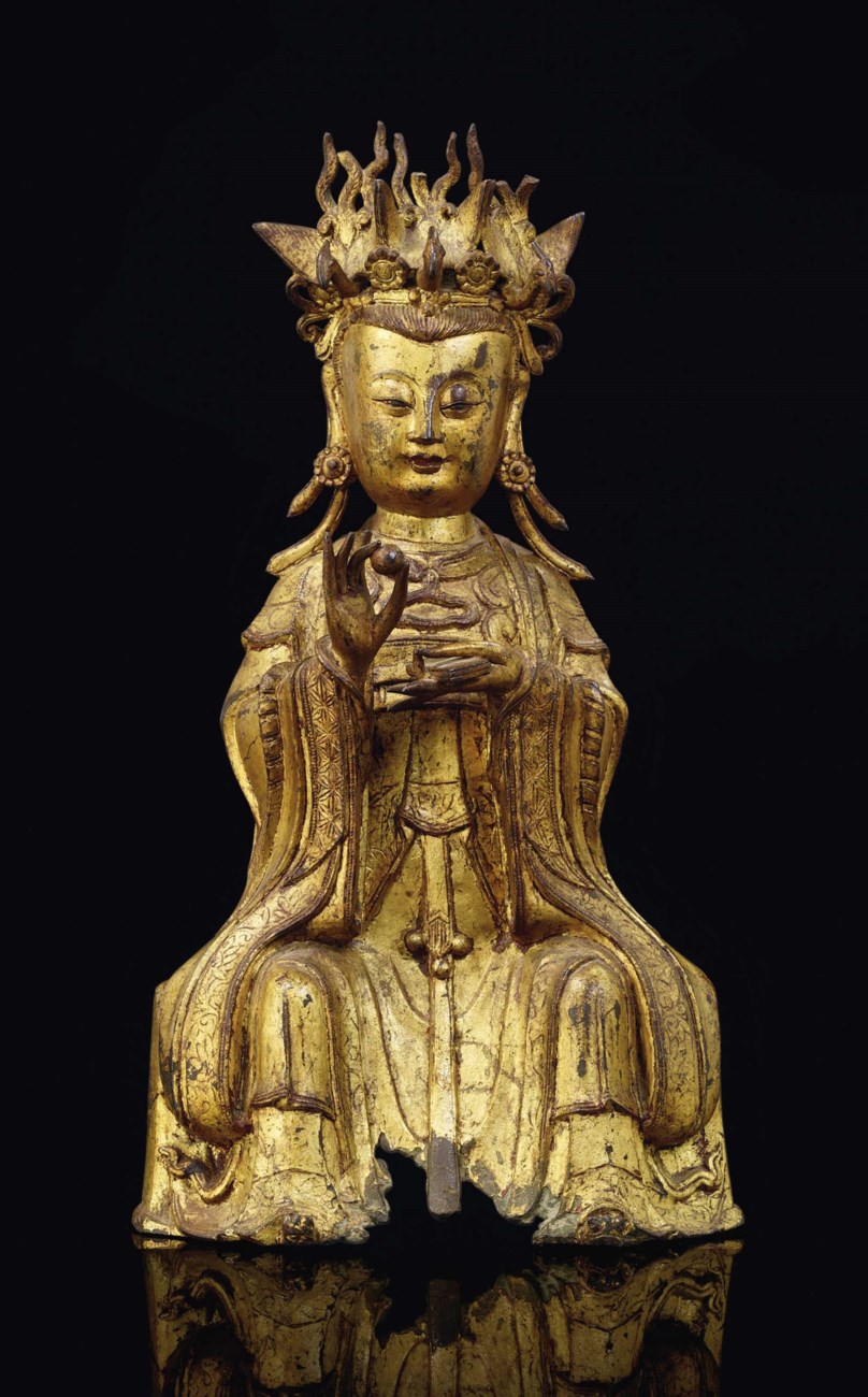 STATUE DE DIVINITE DAOISTE EN BRONZE LAQUE OR