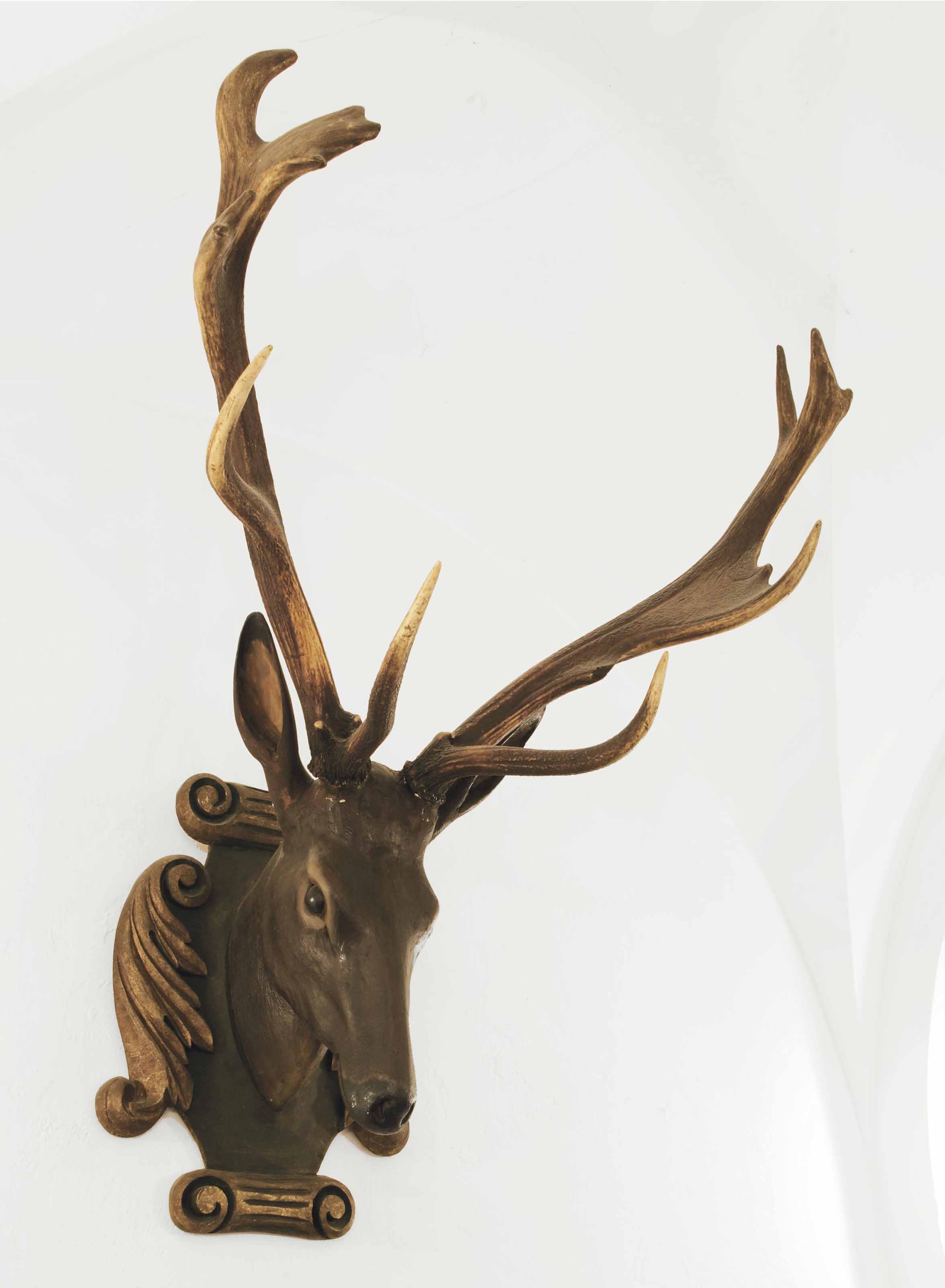 An Austrian polychrome painted carved wood stag's head with 14-point ...