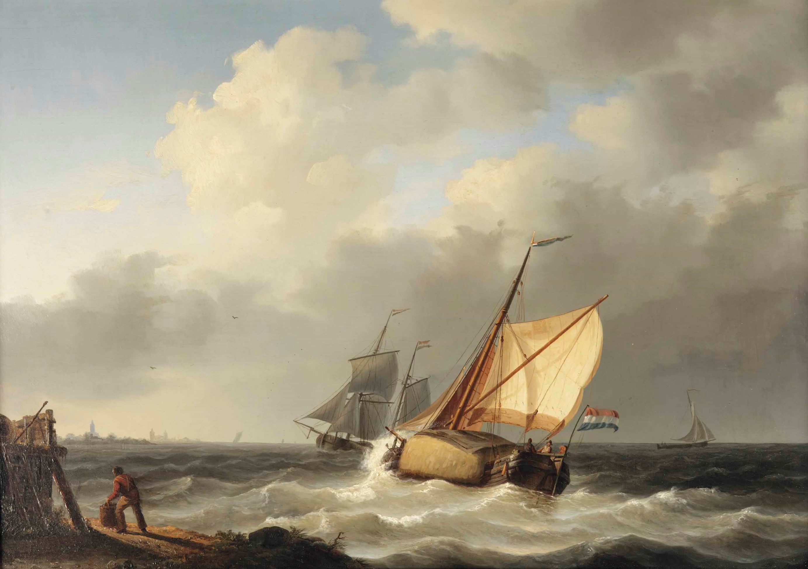 Willem Gruyter (Amsterdam 1817-1880) , A hay barge on the choppy waves ...