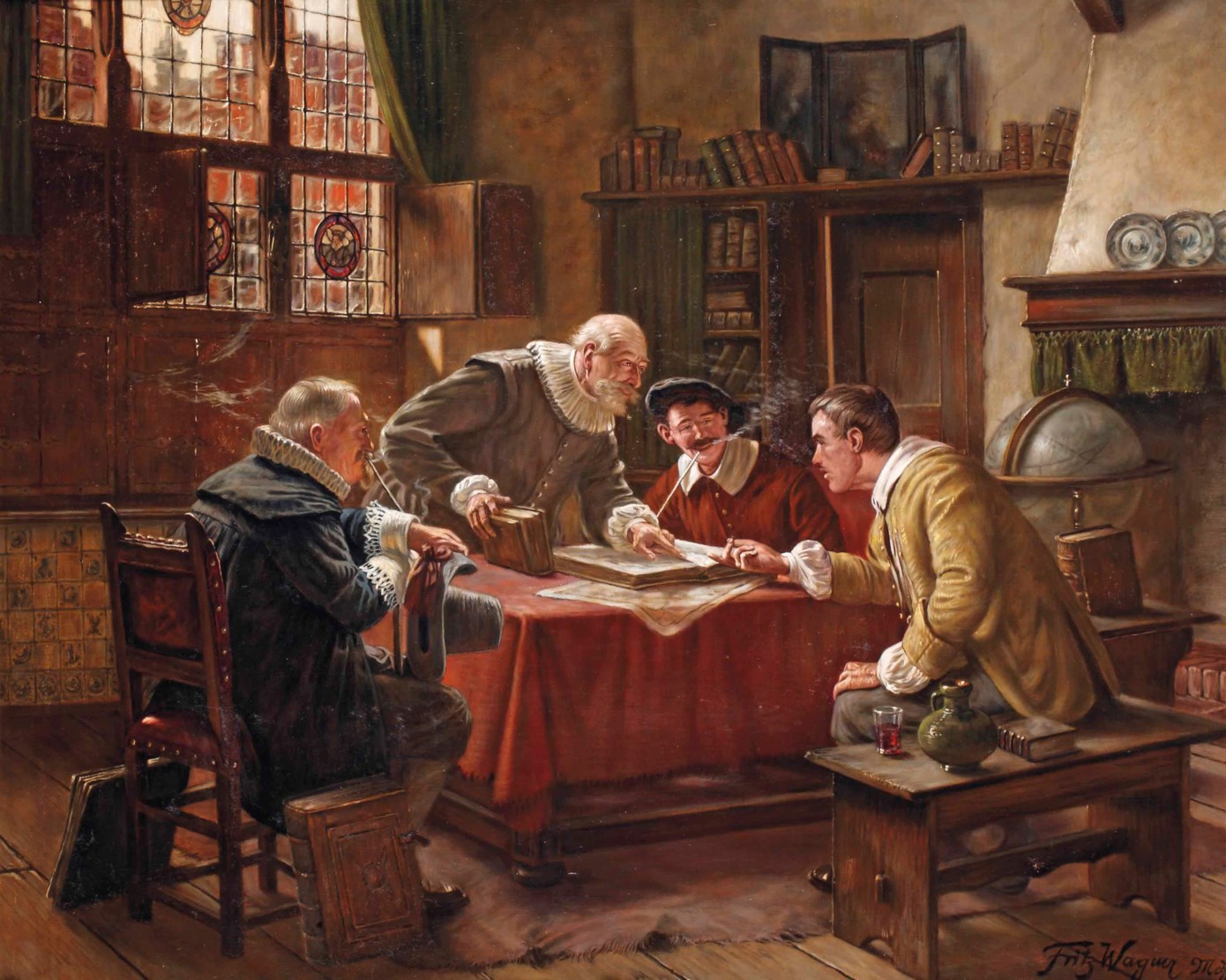 Fritz Wagner (Munich 1896-1939) , An interior with men conversing ...