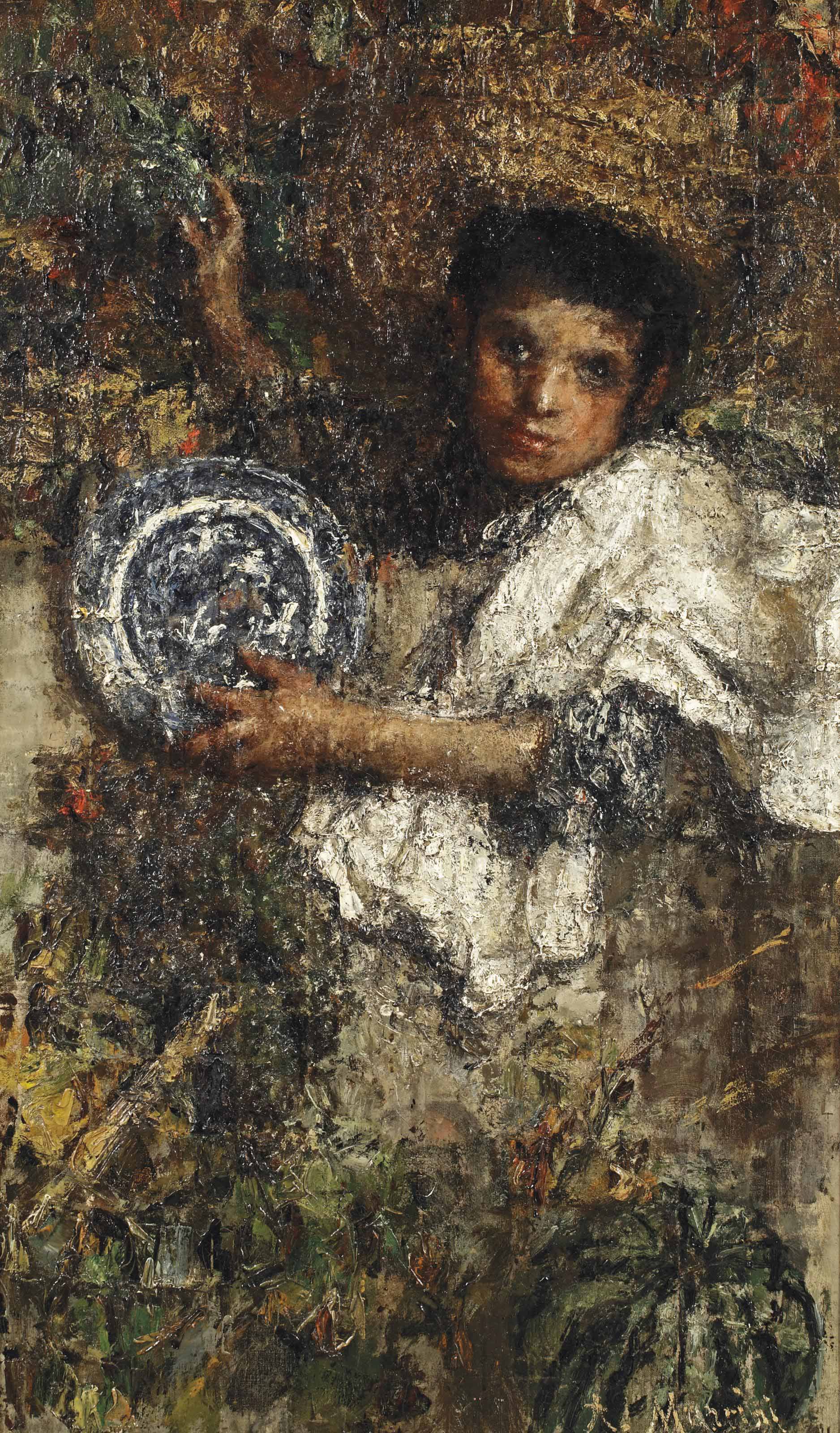 Antonio Mancini (1852-1930) , An Italian boy in a vineyard (recto ...