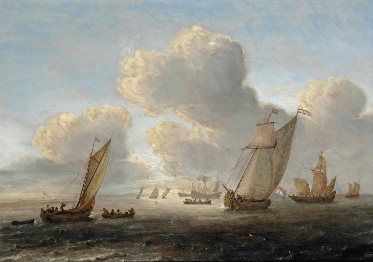 Jeronymus van Diest II (The Hague 1631-after 1677) , Shipping on calm ...