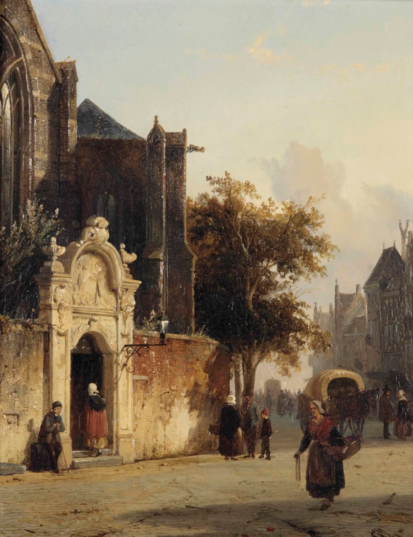Cornelis Springer (Amsterdam 1817-1891 Hilversum) , A sunlit street ...