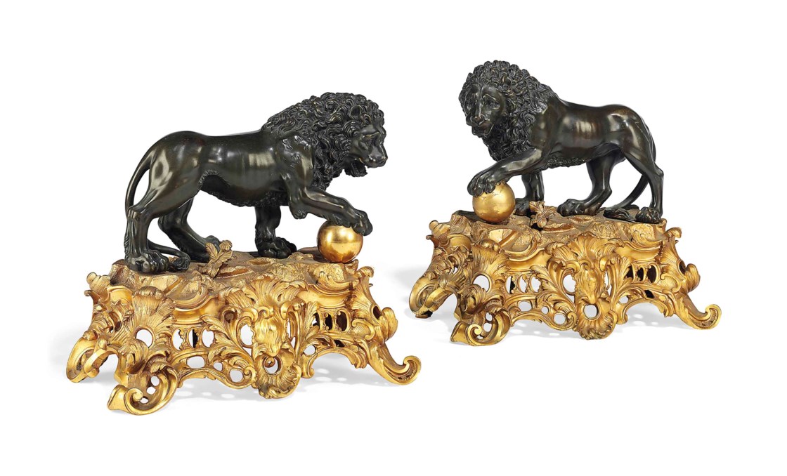 A PAIR OF FRENCH ORMOLU AND PATINATED BRONZE CHENETS , LATE 19TH/EARLY ...