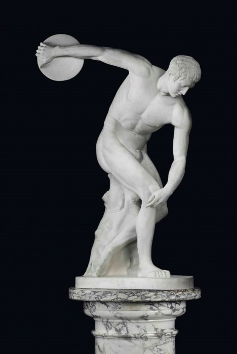 A LIFESIZE ITALIAN MARBLE GROUP OF THE DISCUS-THROWER, ON PEDESTAL ...