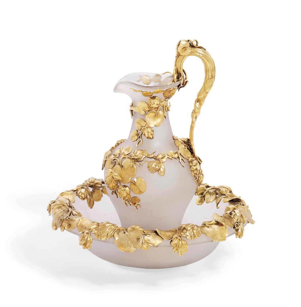 A VICTORIAN SILVER-GILT MOUNTED FROSTED-GLASS EWER AND BASIN , MARK OF ...