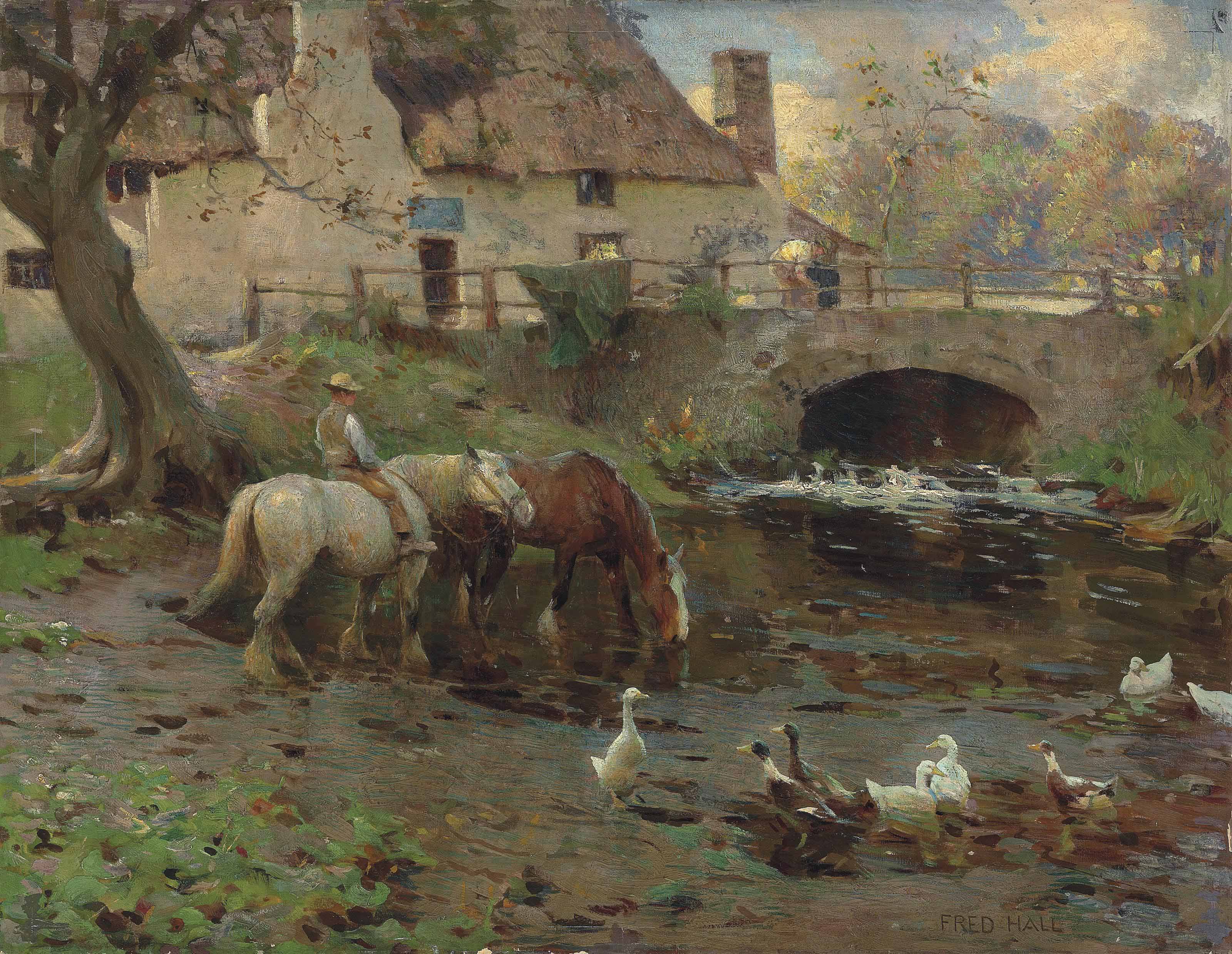 Frederick Hall (1860-1948) , Horses watering | Christie's