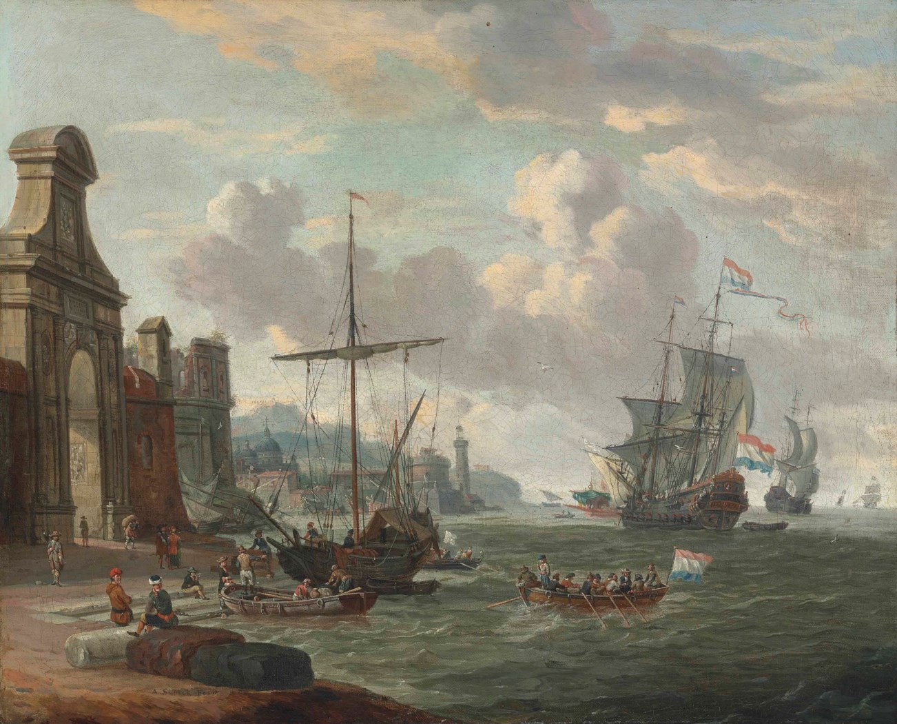 Abraham Storck (Amsterdam 1644-1708) , A Mediterranean harbour with ...