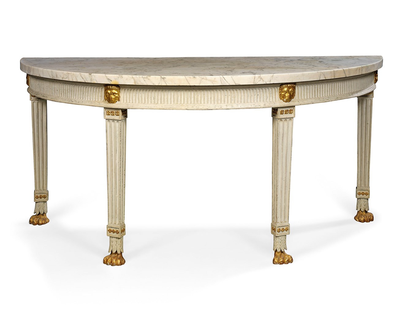 A PAIR OF GEORGE III WHITE-PAINTED AND PARCEL-GILT DEMI-LUNE SIDE ...