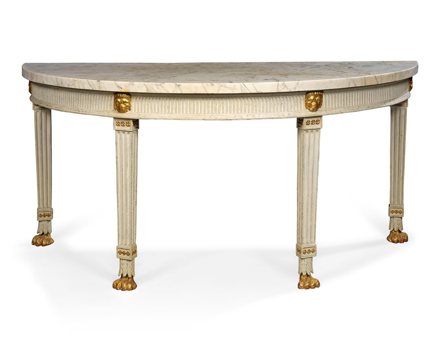 A PAIR OF GEORGE III WHITE-PAINTED AND PARCEL-GILT DEMI-LUNE SIDE ...