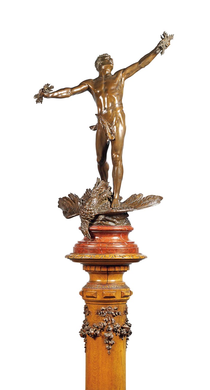 A FRENCH PATINATED BRONZE FIGURE OF PROMETHEUS, ON PEDESTAL , CAST FROM ...