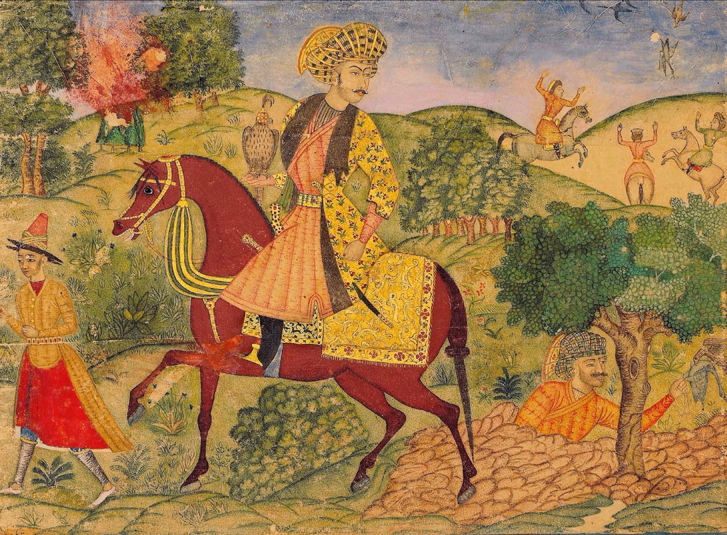 A NOBLE OUT HAWKING , SCHOOL OF SHAYKH 'ABBASI, SAFAVID ISFAHAN, THIRD ...