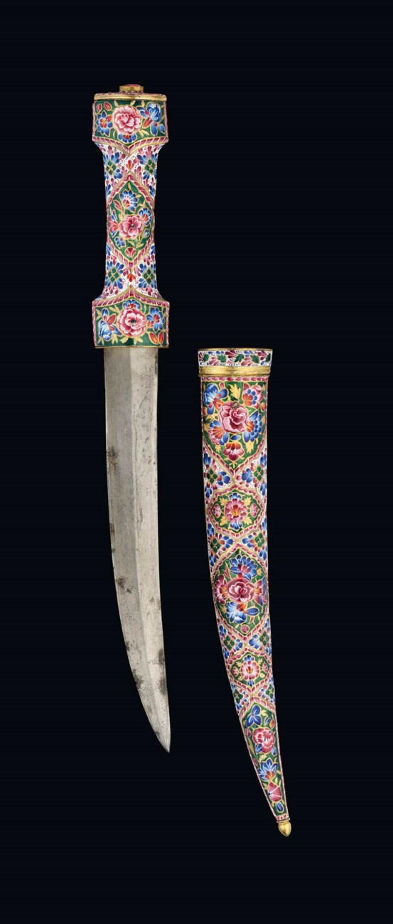 A QAJAR ENAMELLED GILT-COPPER DAGGER (JAMBIYYA) , IRAN, 19TH CENTURY ...