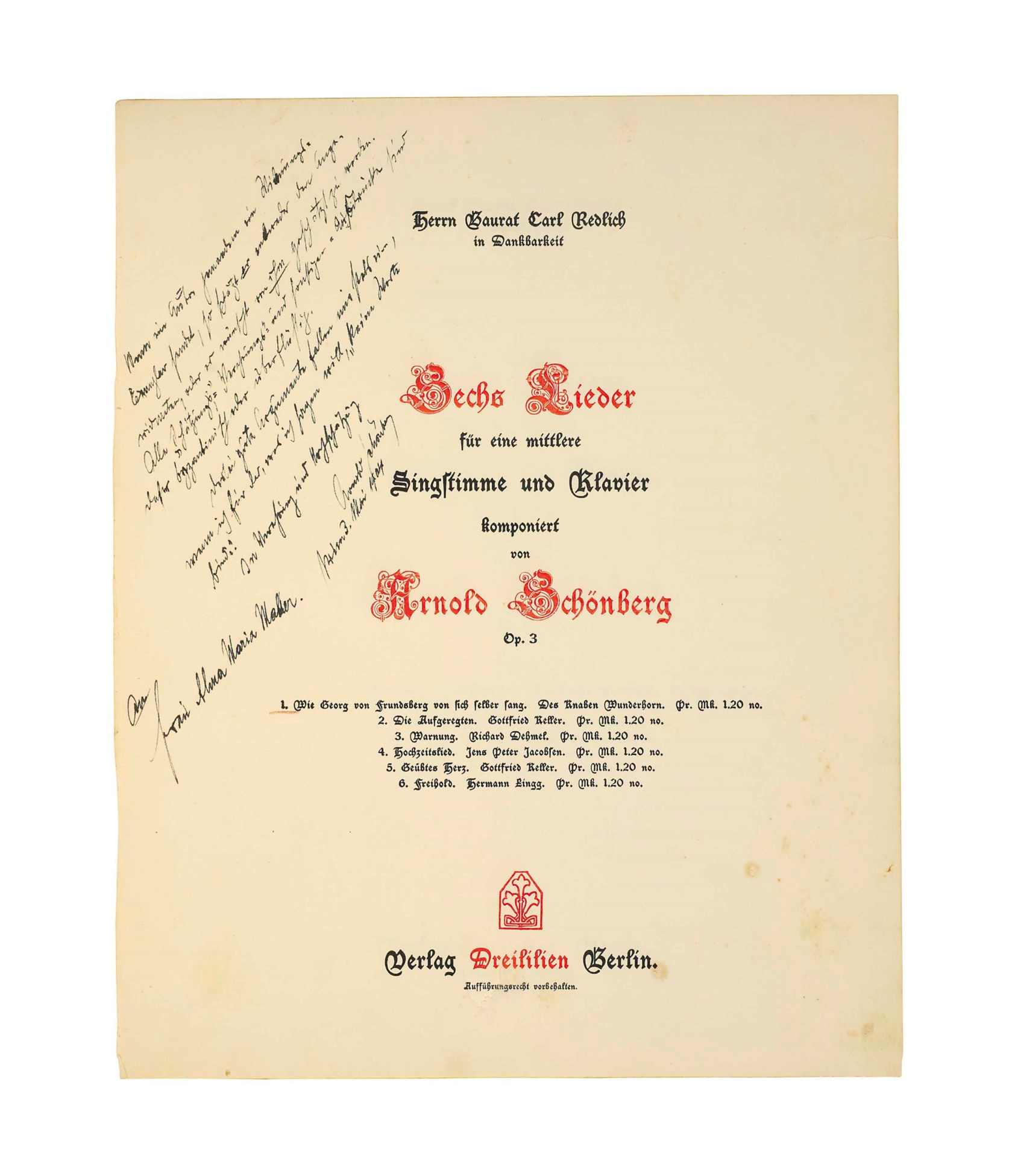 [MAHLER, Gustav (1860-1911) and Alma Mahler (1879-1964)] -- Arnold ...