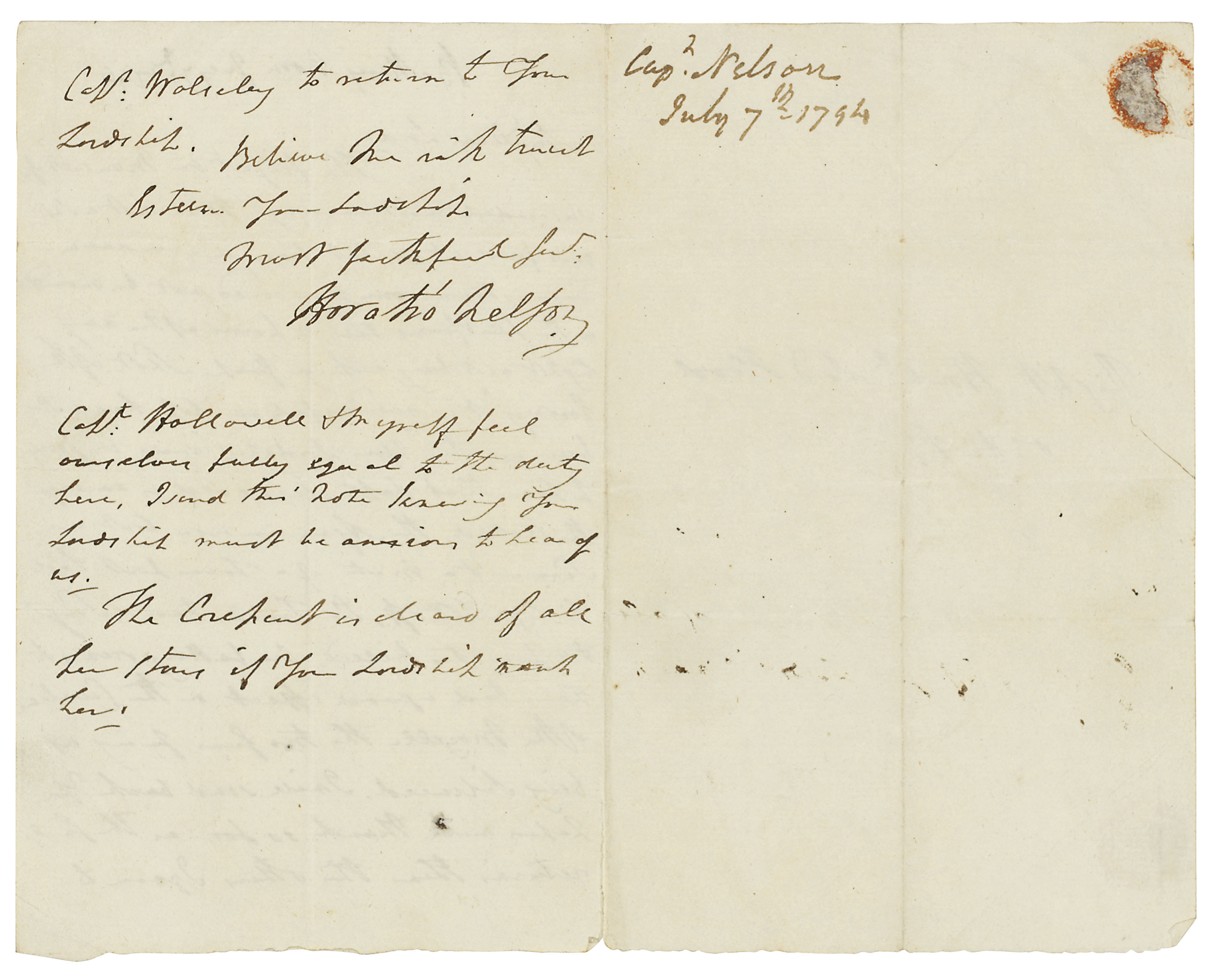 NELSON, Horatio, Viscount (1758-1805). Autograph letter signed ...