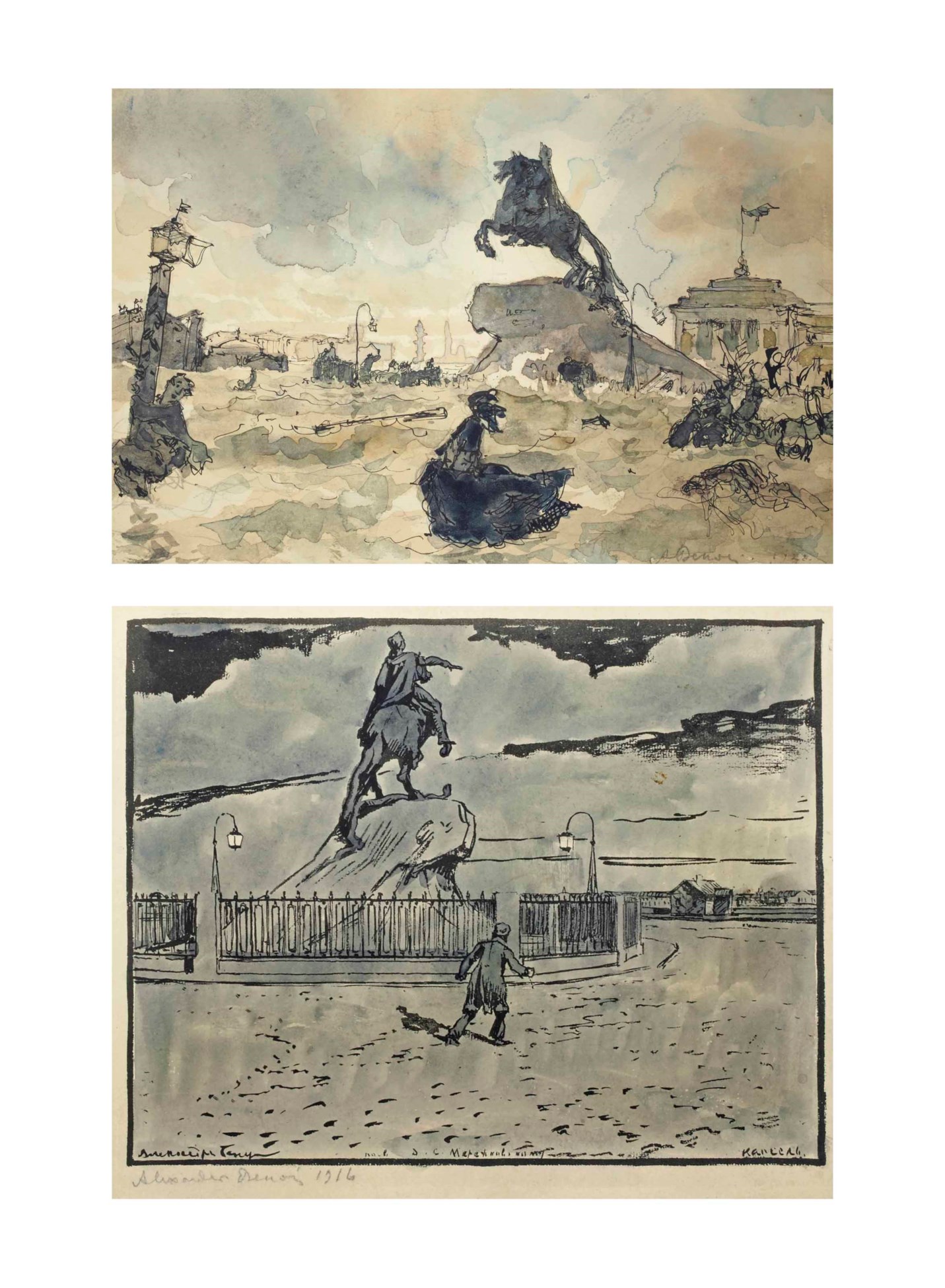 Alexandre Benois (1870-1960), Two illustrations for The Bronze Horseman ...