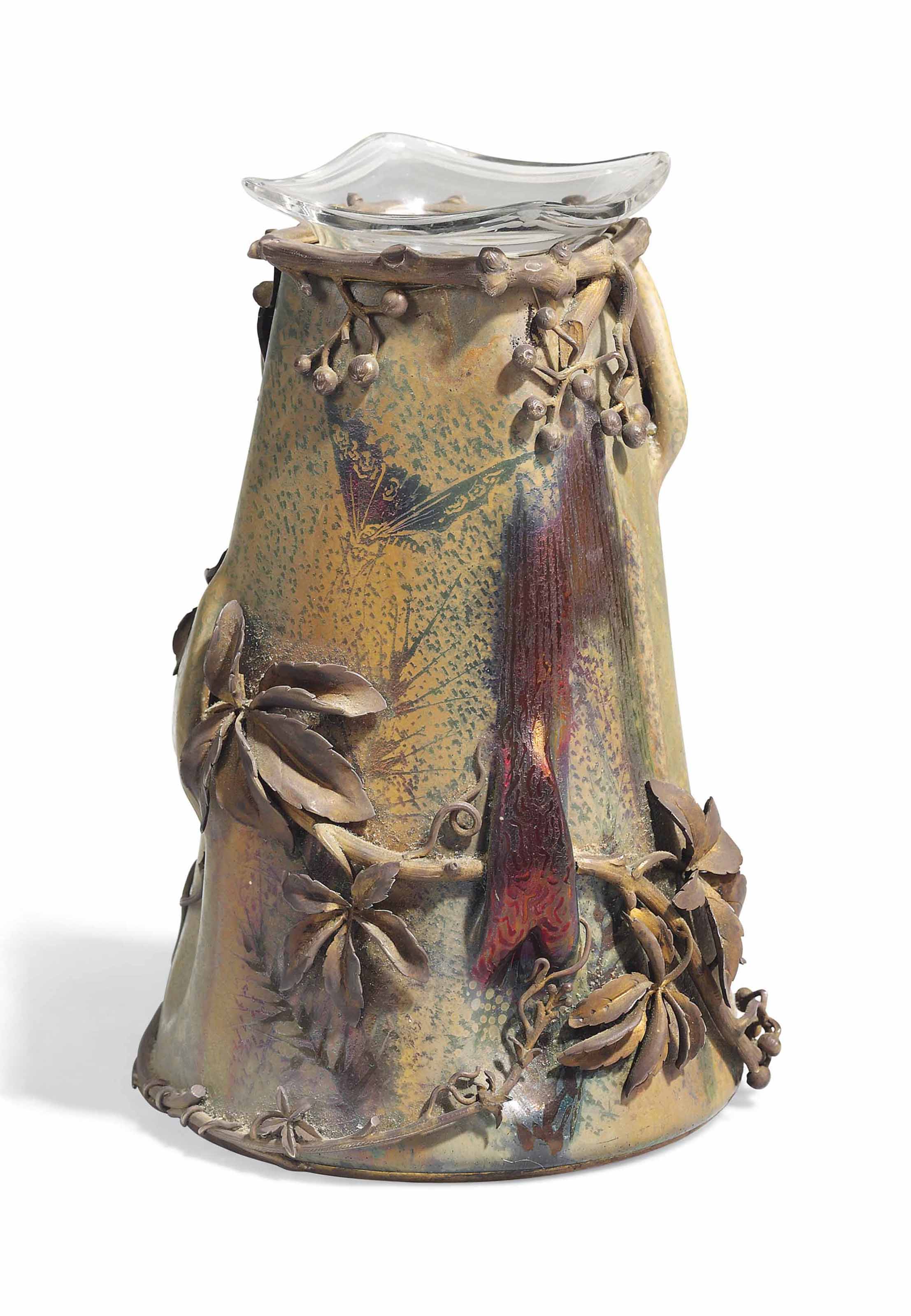 A CLÉMENT MASSIER ART NOUVEAU LUSTRE CERAMIC VASE WITH BRONZE MOUNTS