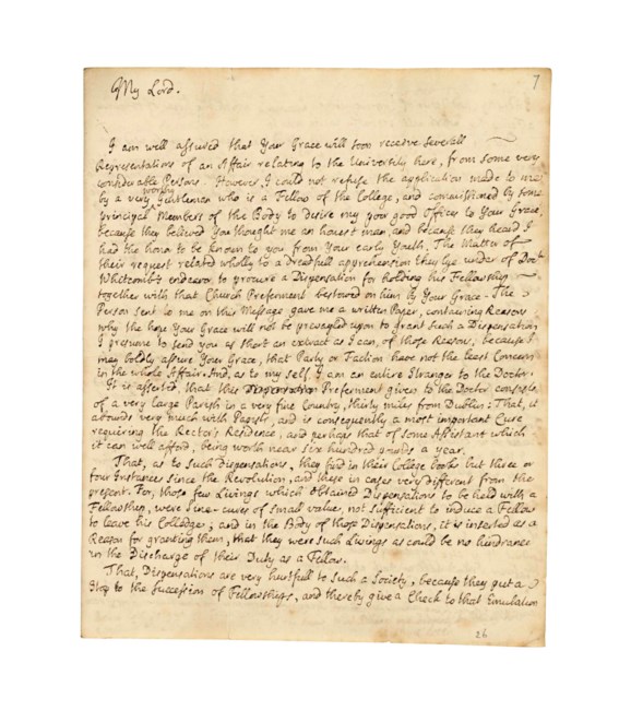 SWIFT, Jonathan (1667-1745). Autograph letter signed ('Jonath. Swift ...