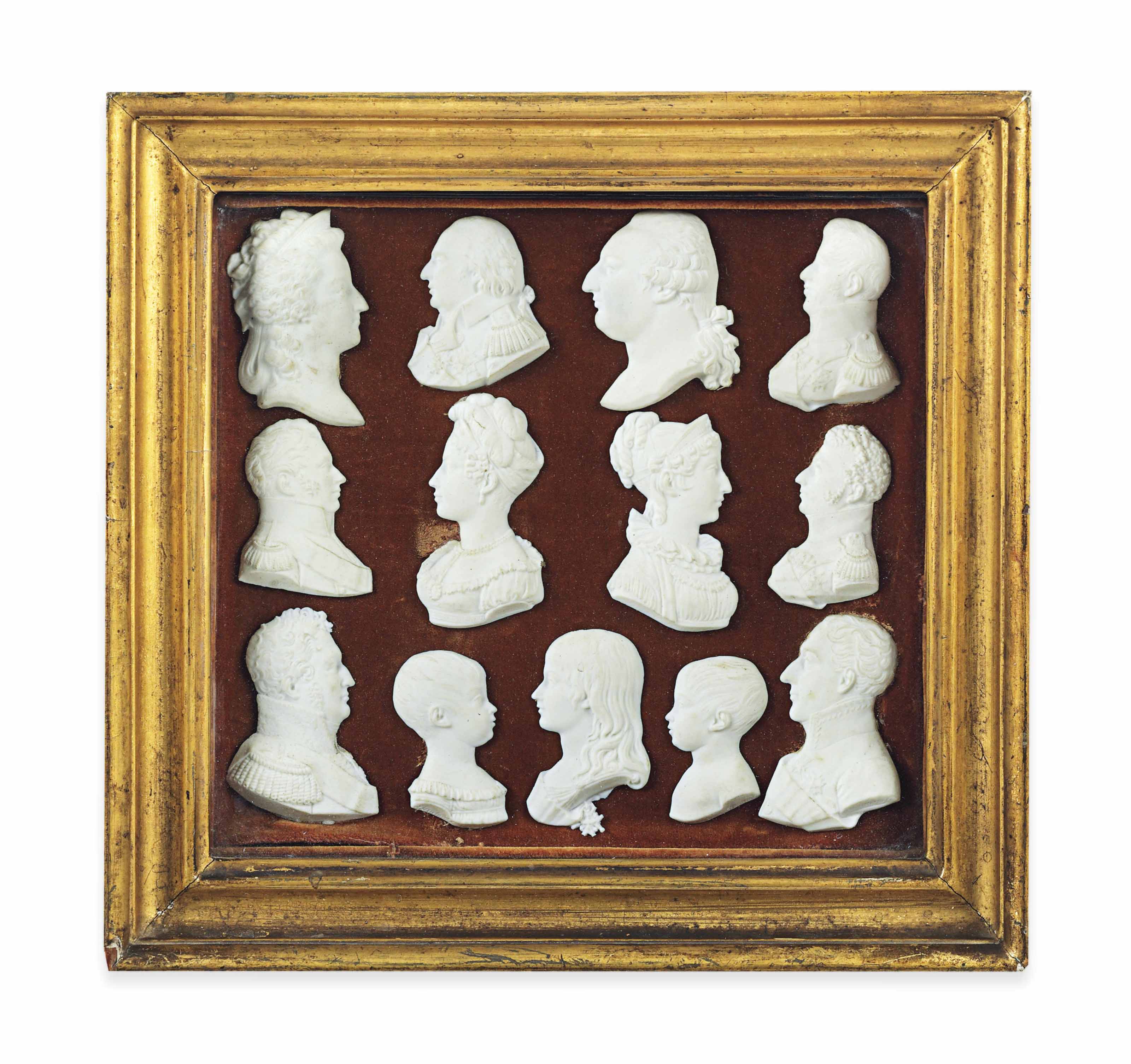 THIRTEEN FRAMED FRENCH WHITE BISCUIT PORCELAIN PORTRAIT PLAQUES