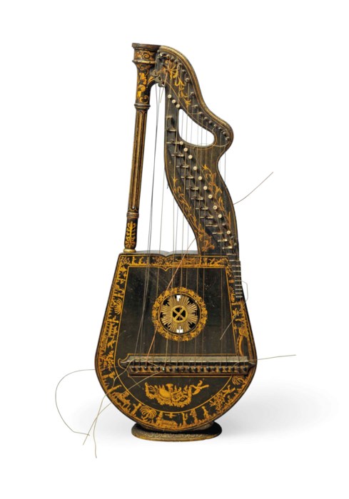 A REGENCY IVORY-MOUNTED PARCEL-GILT BLACK PAINTED HARP-LUTE , BY EDWARD ...