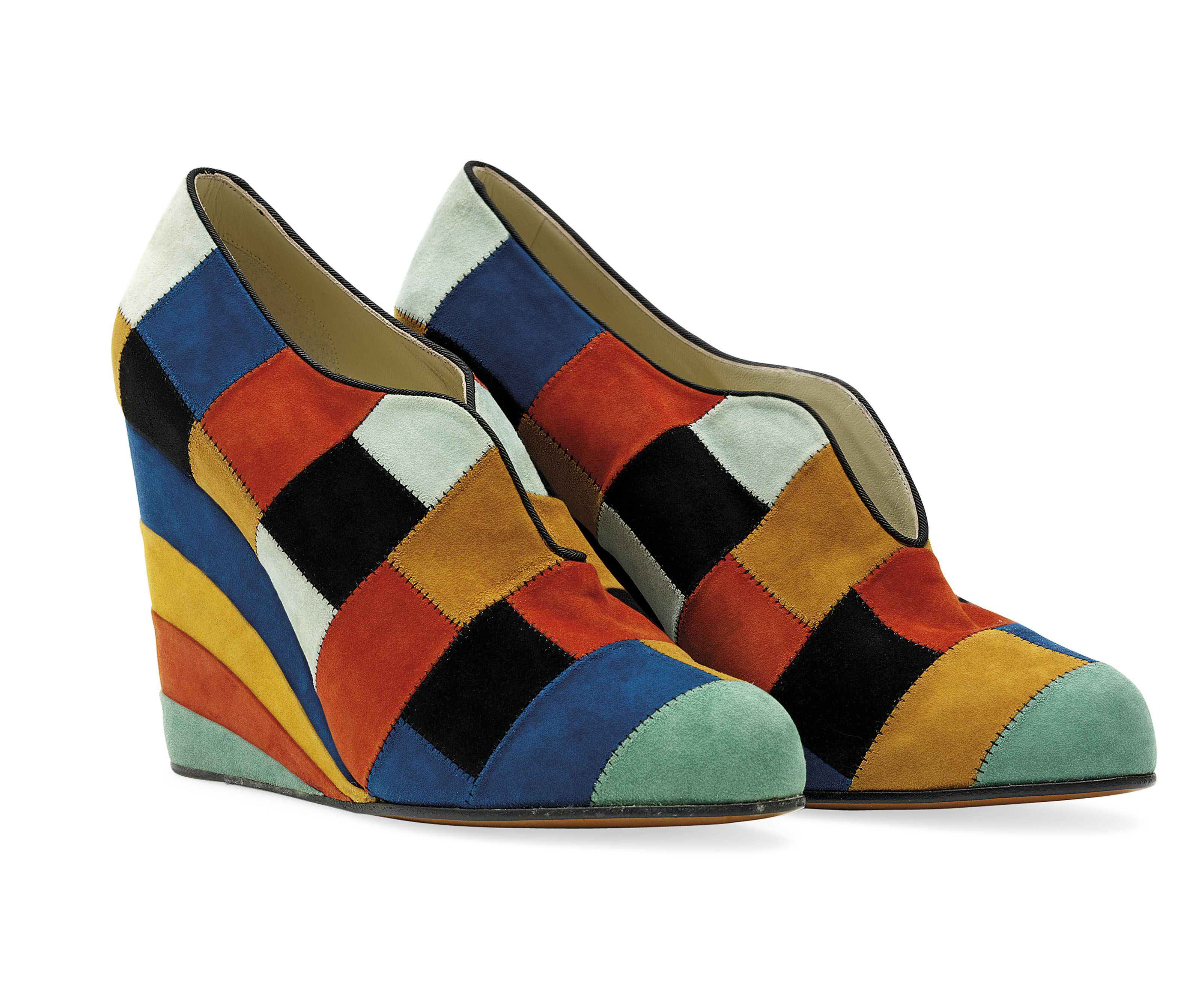 A PAIR OF LIMITED EDITION FERRAGAMO CREATIONS PATCHWORK WEDGES ...