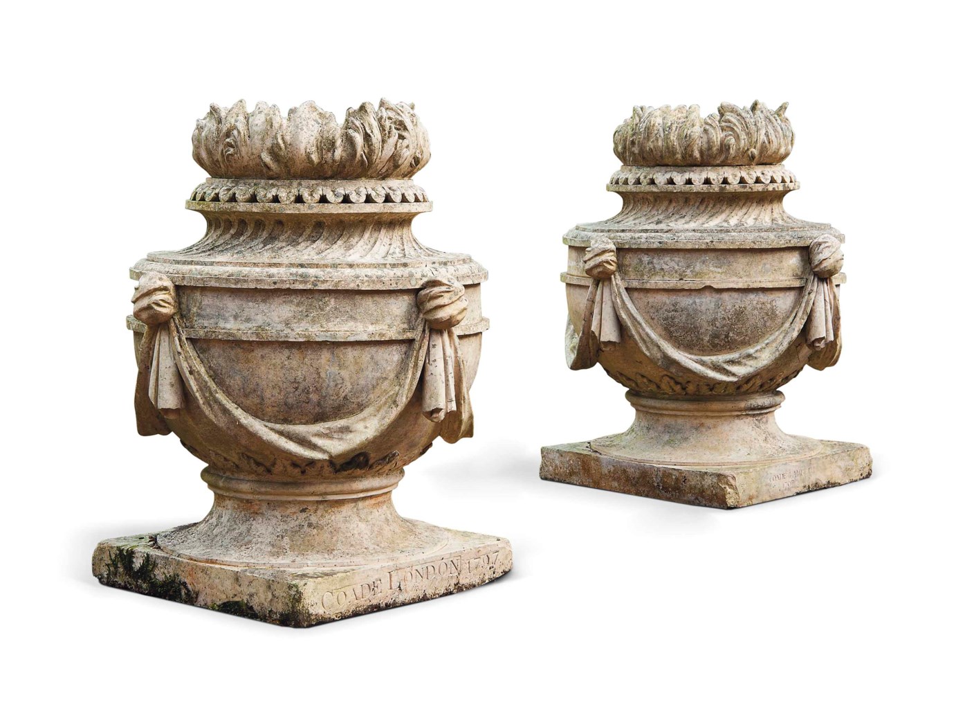 A PAIR OF GEORGE III ARTIFICIAL 'COADE' STONE CHIMNEY FINIALS , 1797 ...