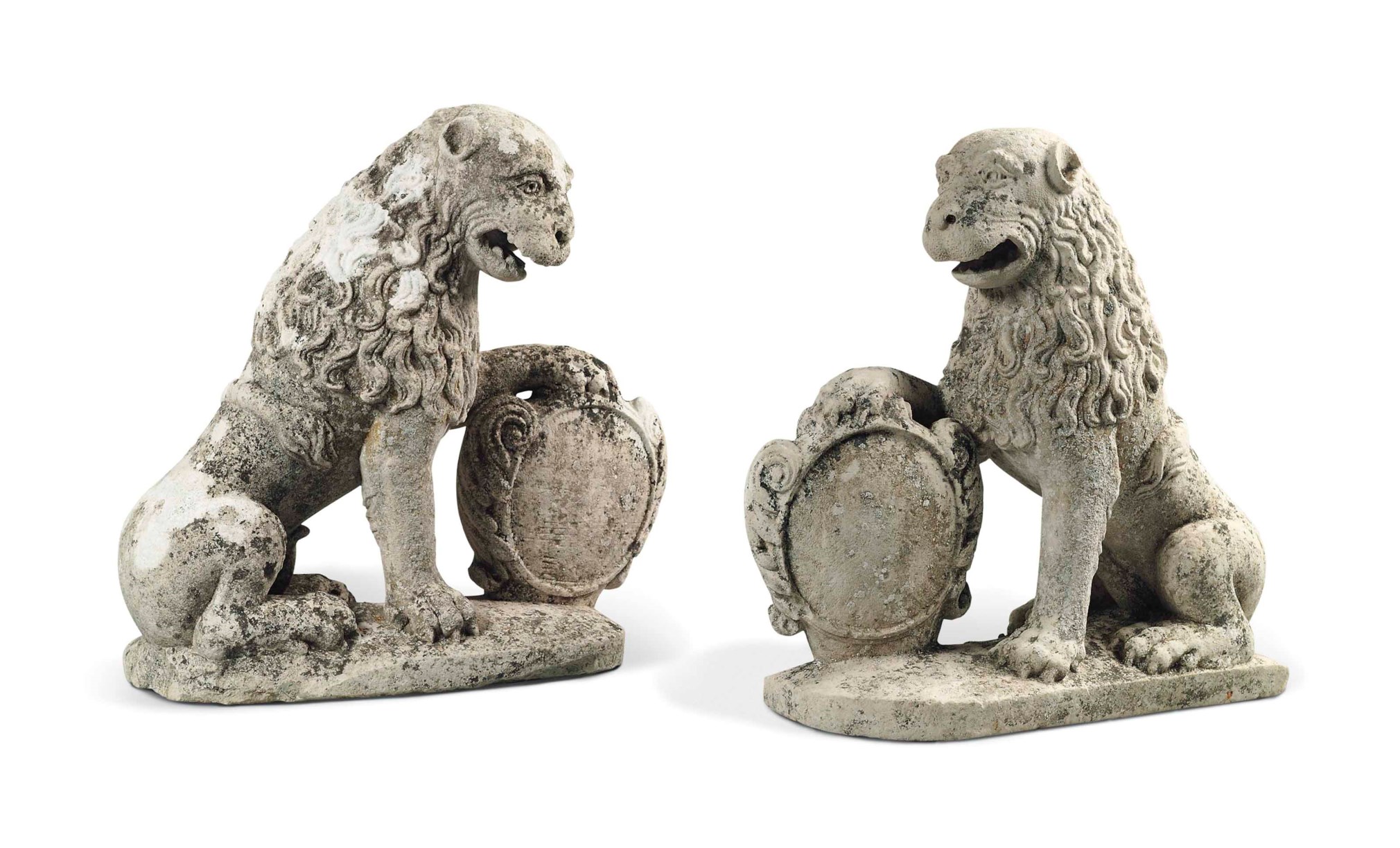 A PAIR OF FLEMISH LIMESTONE HERALDIC LIONS