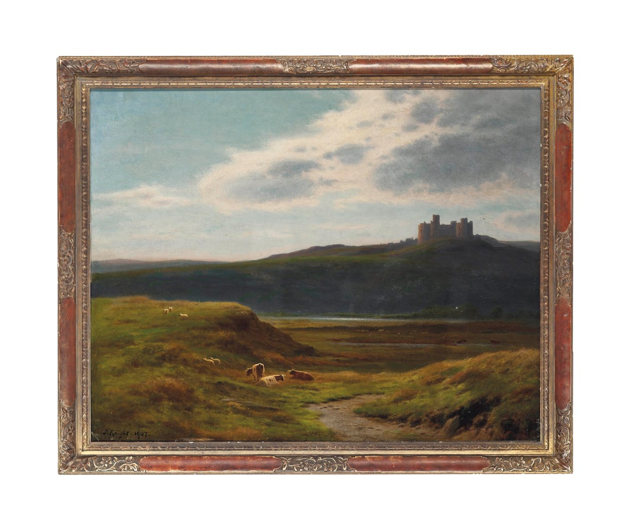 Joseph Knight (1837-1909) , Harlech castle with cattle grazing in the ...