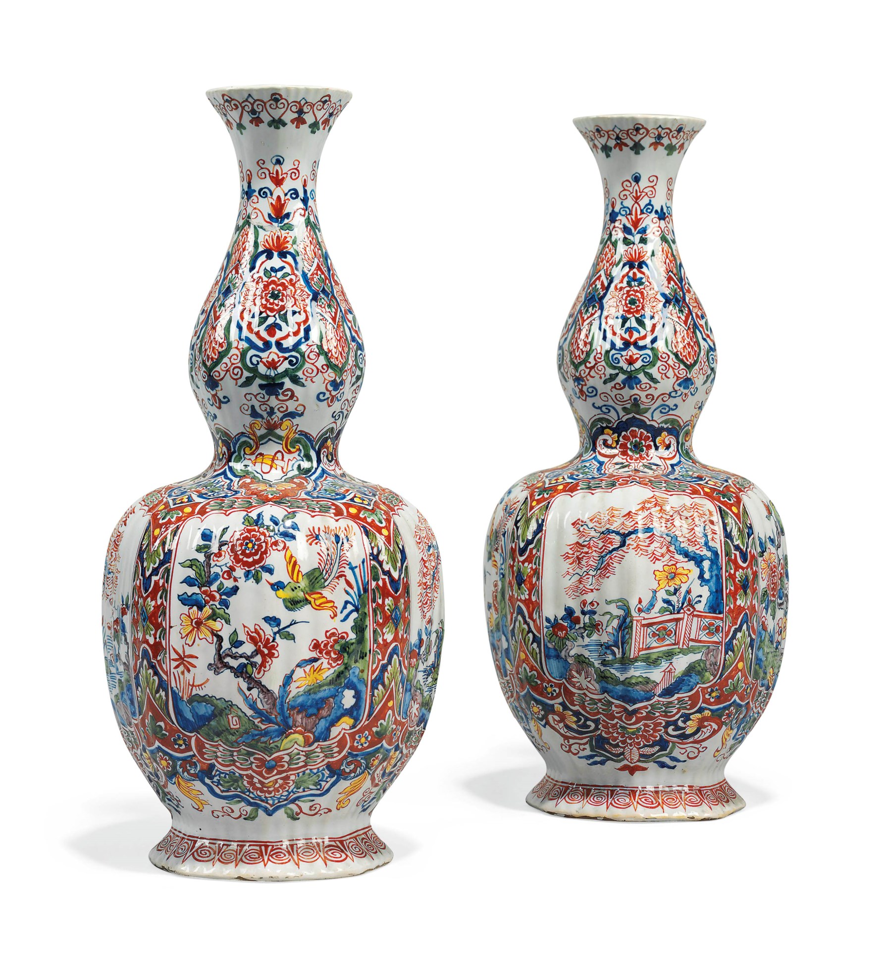 A PAIR OF DUTCH DELFT POLYCHROME VASES , LATE 19TH CENTURY, RED PAINTED ...