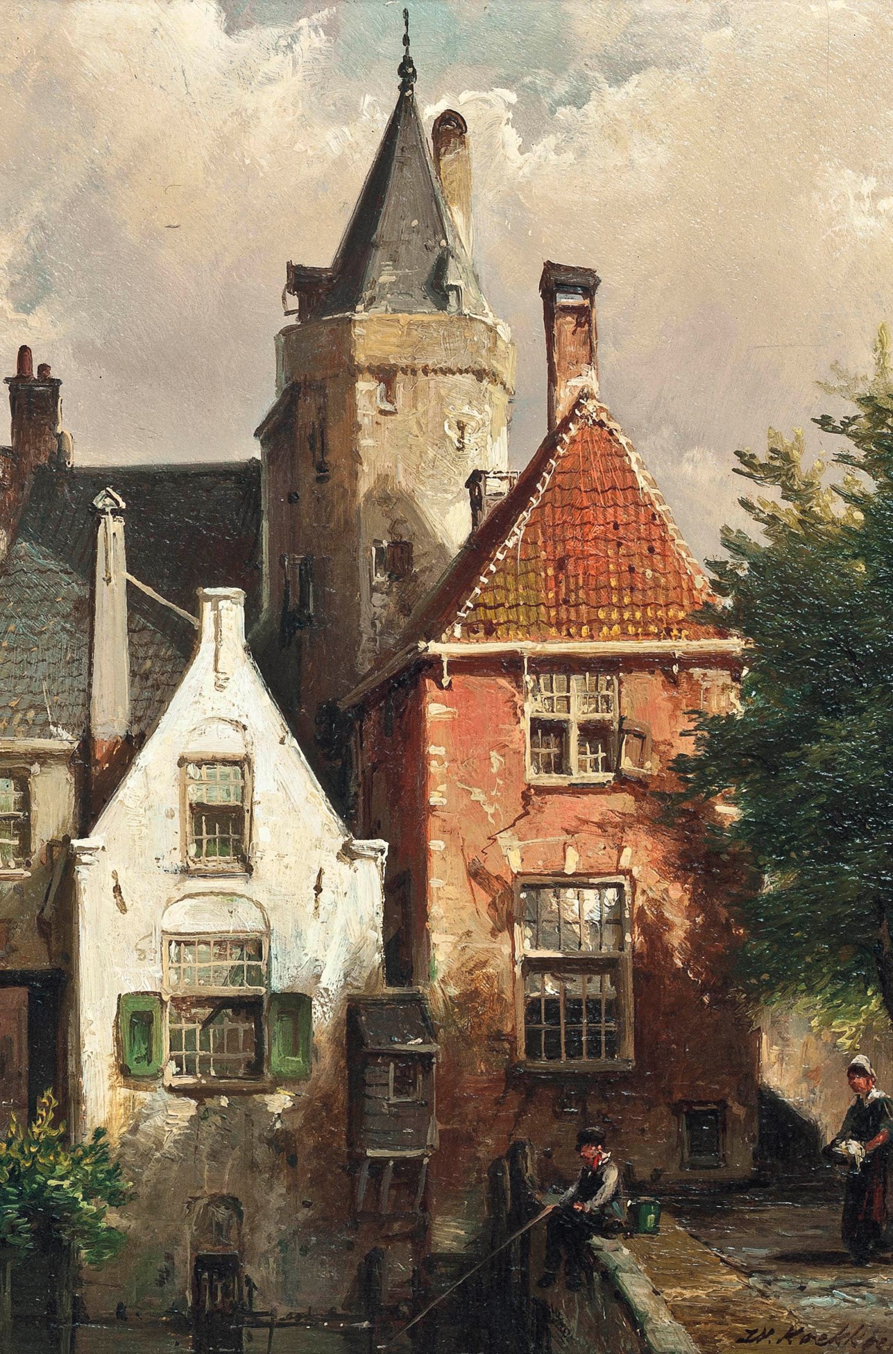 Willem Koekkoek (Dutch, 1838-1895) , Fishing on a Dutch canal | Christie's