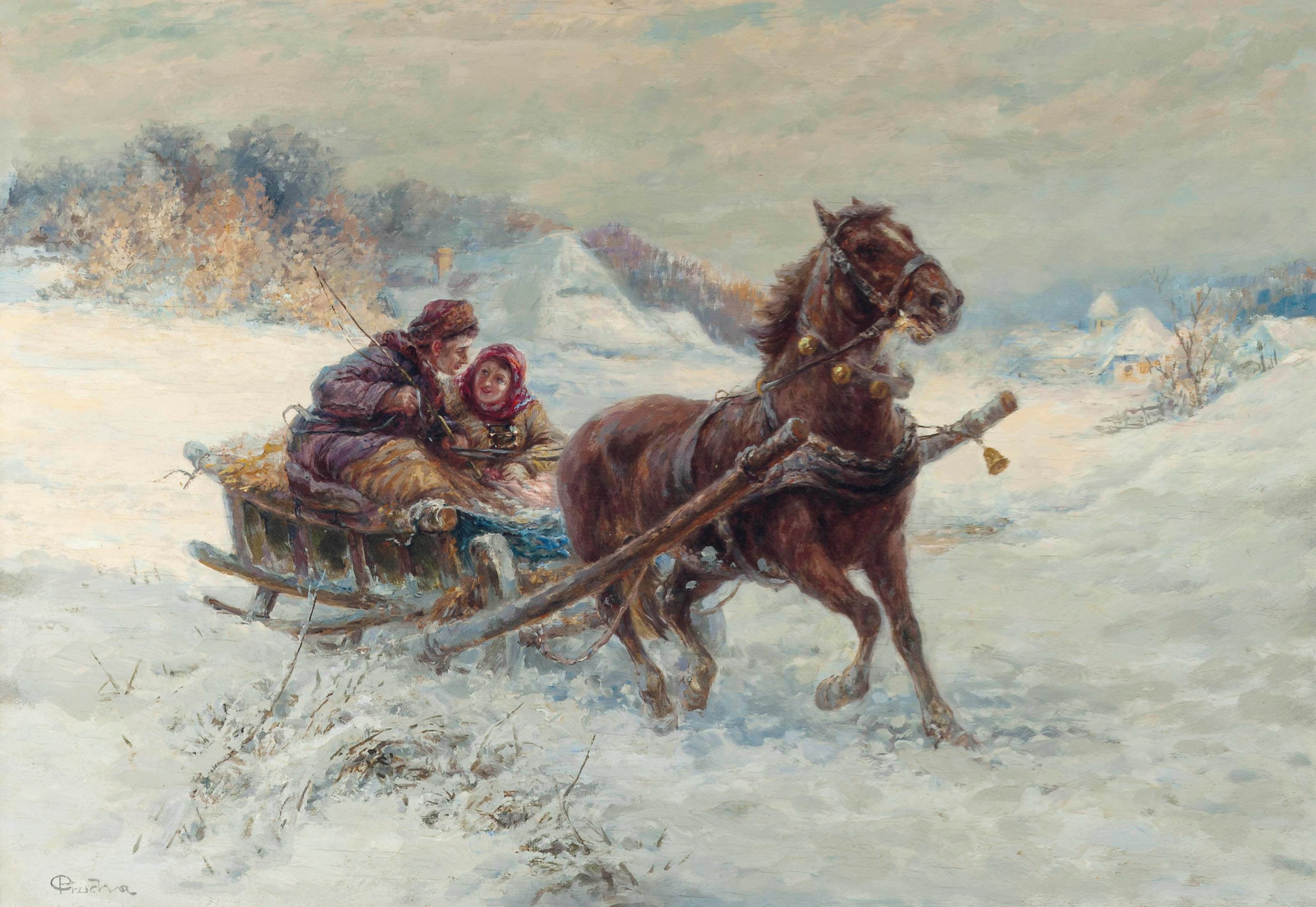 Gustave Prucha (Austrian, 1875-1952) , A romantic sleigh ride | Christie's