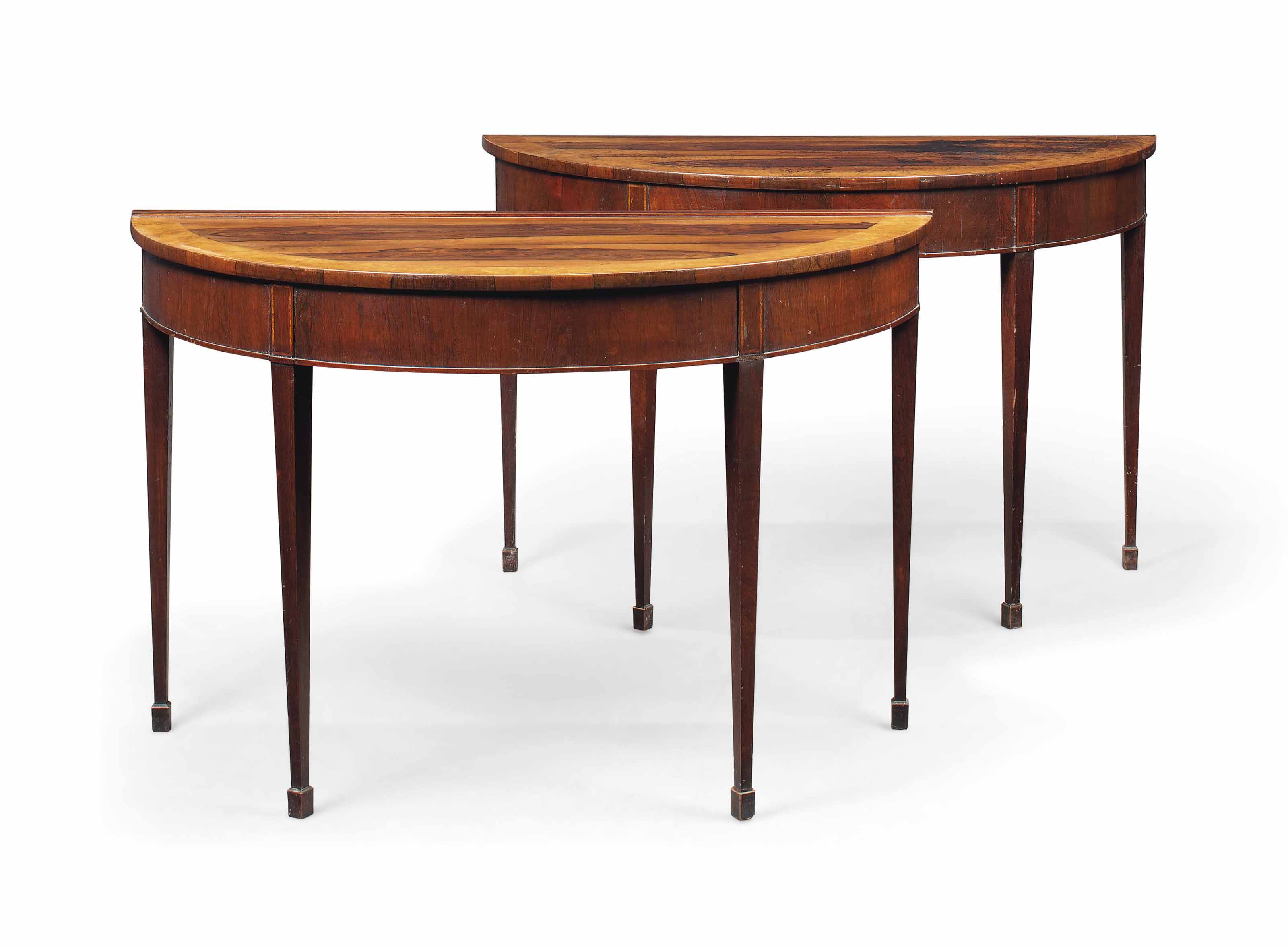 A PAIR OF ROSEWOOD AND BURR OAK BANDED SIDE TABLES