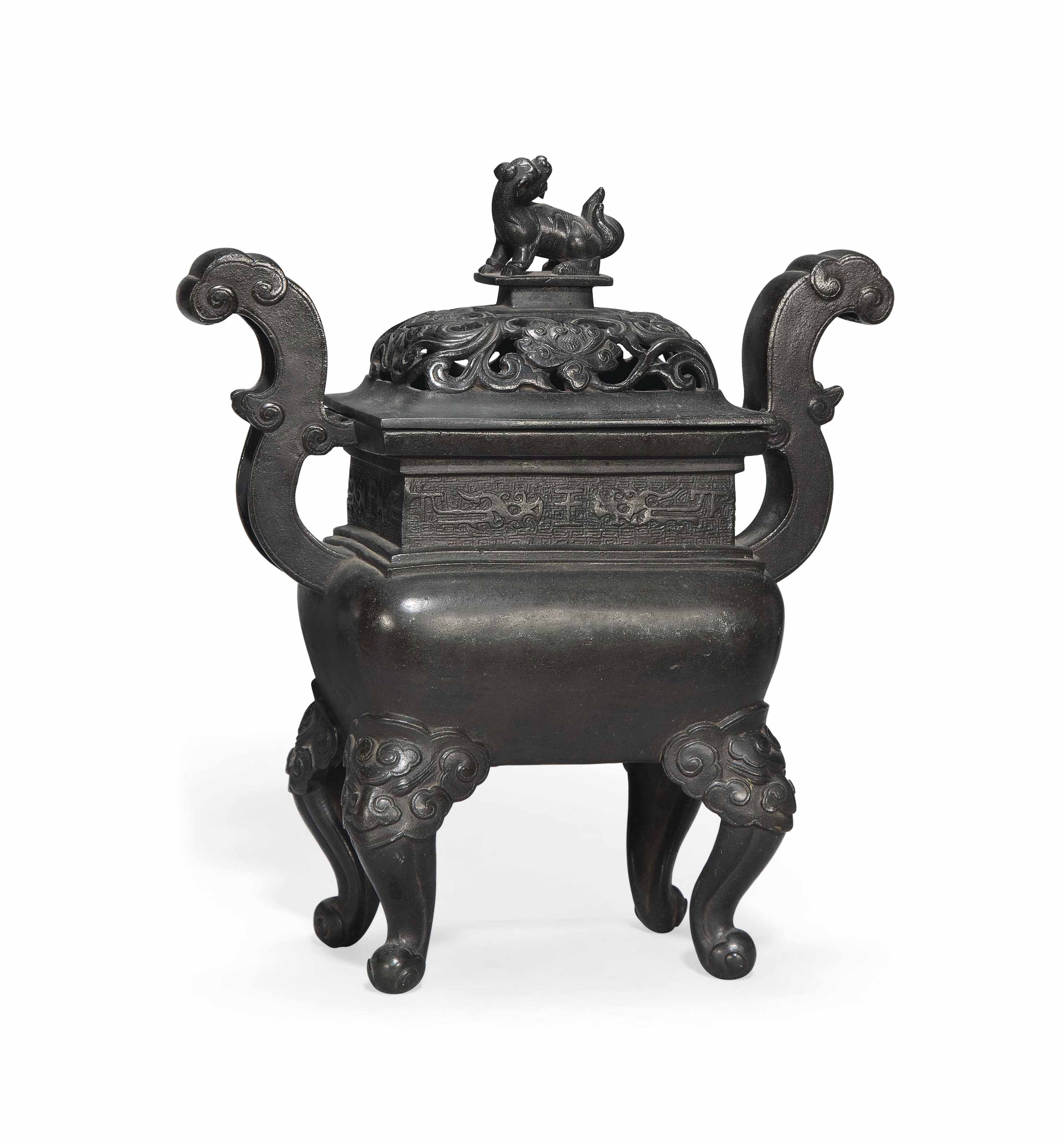 A CHINESE BRONZE RECTANGULAR CENSER AND COVER